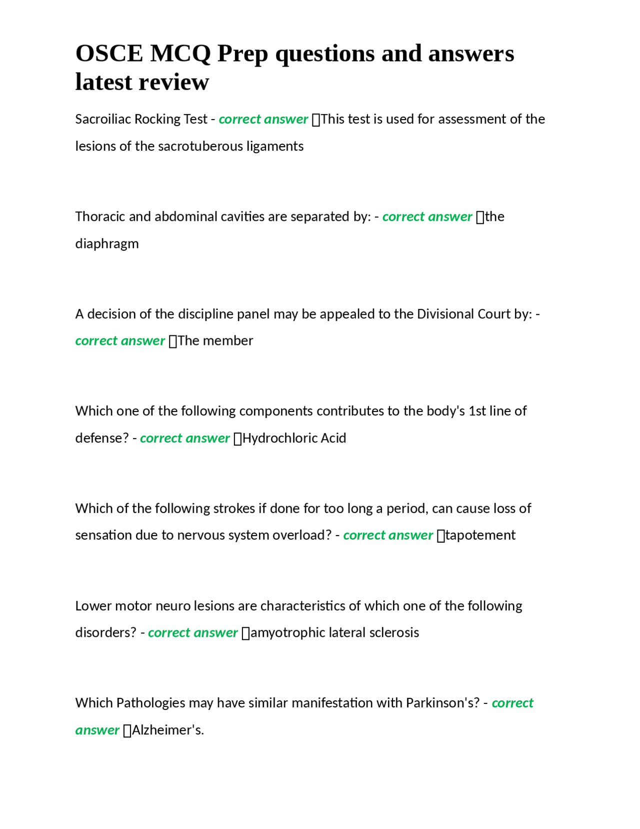 OSCE MCQ Prep questions and answers latest review | Exams Nursing | Docsity