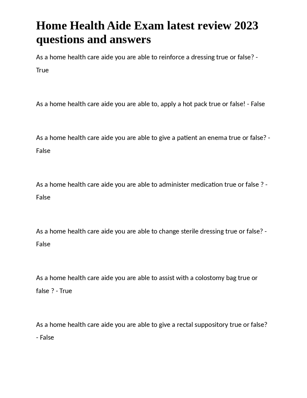 Home Health Aide Exam latest review 2023 questions and answers | Exams ...