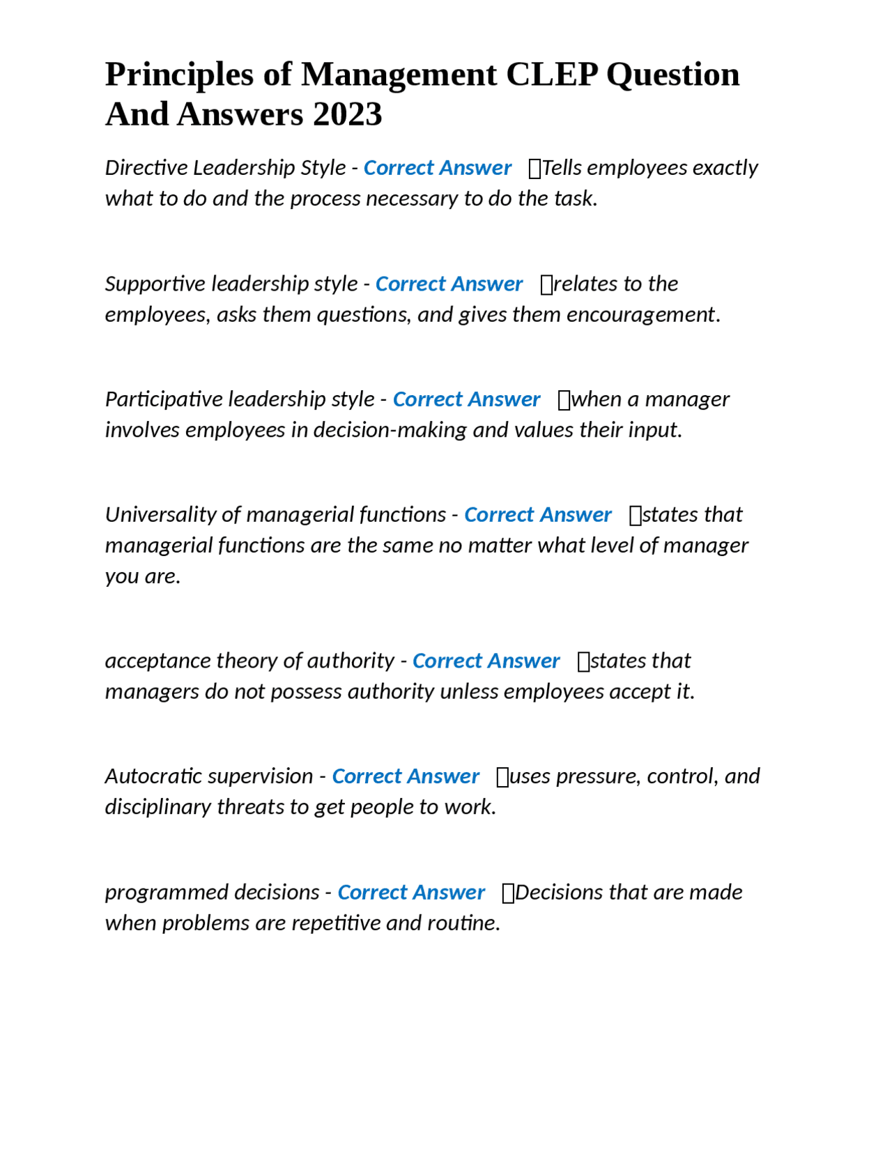 Principles of Management CLEP Question And Answers 2023 | Exams Nursing ...