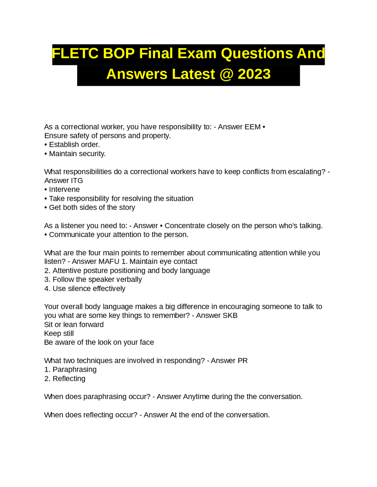 FLETC BOP Final Exam Questions And Answers Latest @ 2023 | Exams ...