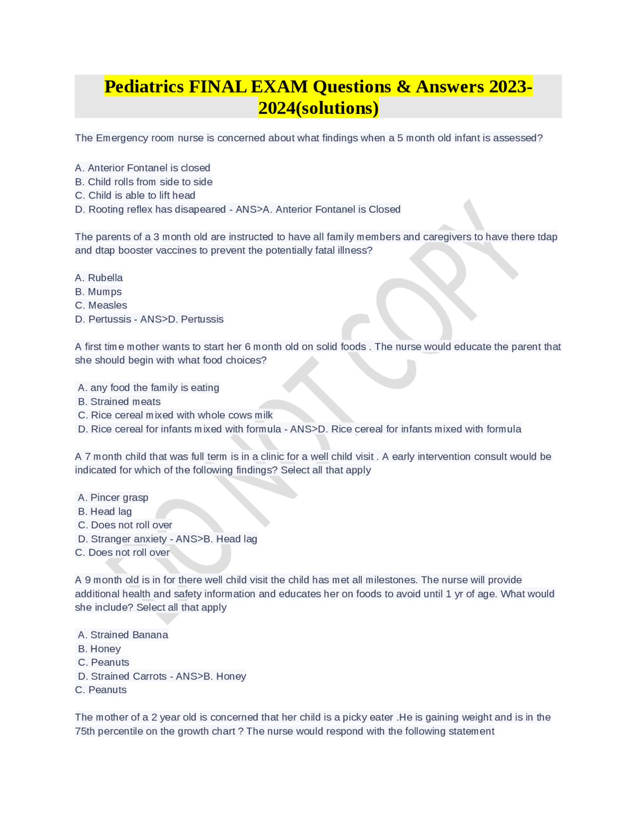 Pediatrics Final Exam Questions And Answers 2023 2024solutions Exams