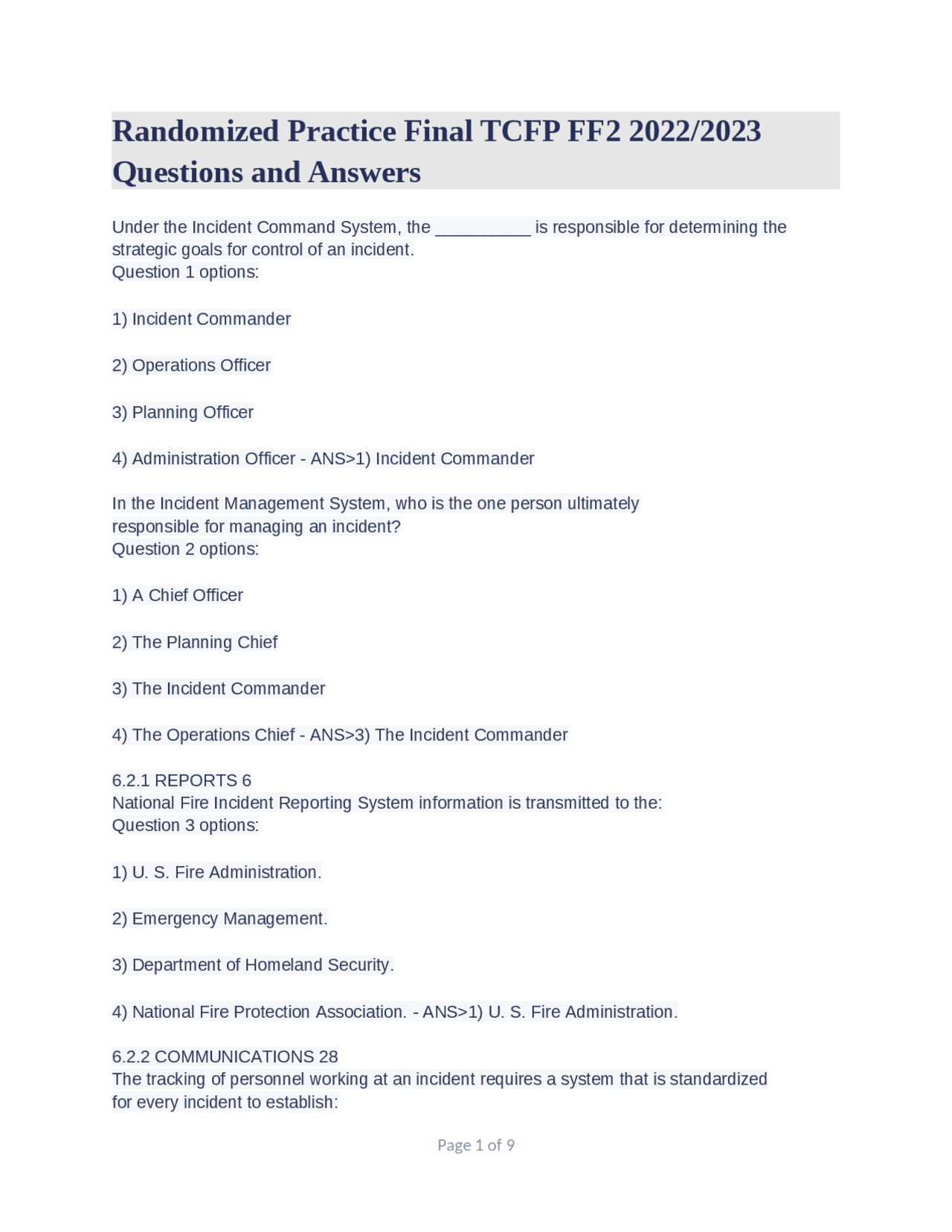 Randomized Practice Final TCFP FF2 2022/2023 Questions and Answers ...