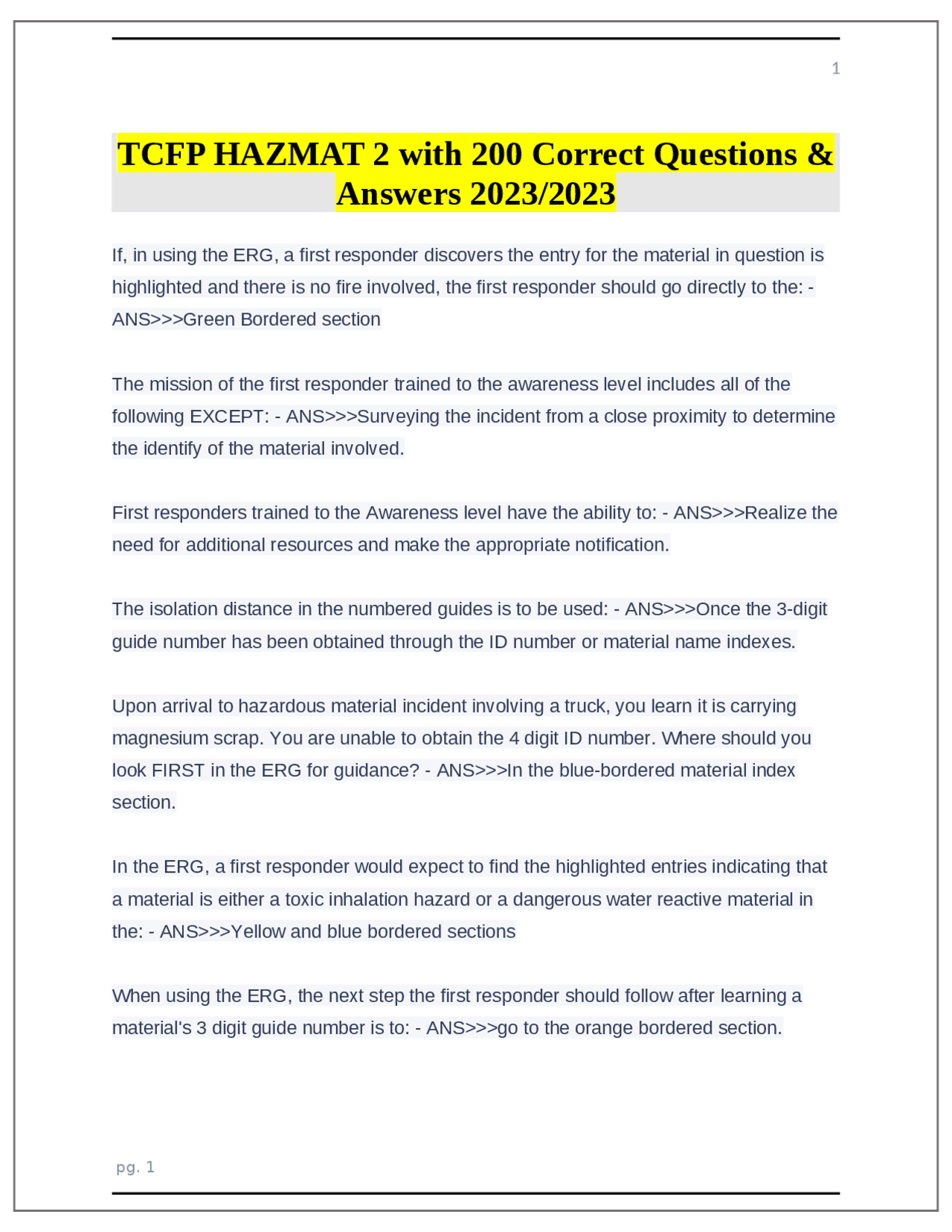 TCFP HAZMAT 2 with 200 Correct Questions & Answers 2023/2023 | Exams Community Corrections | Docsity