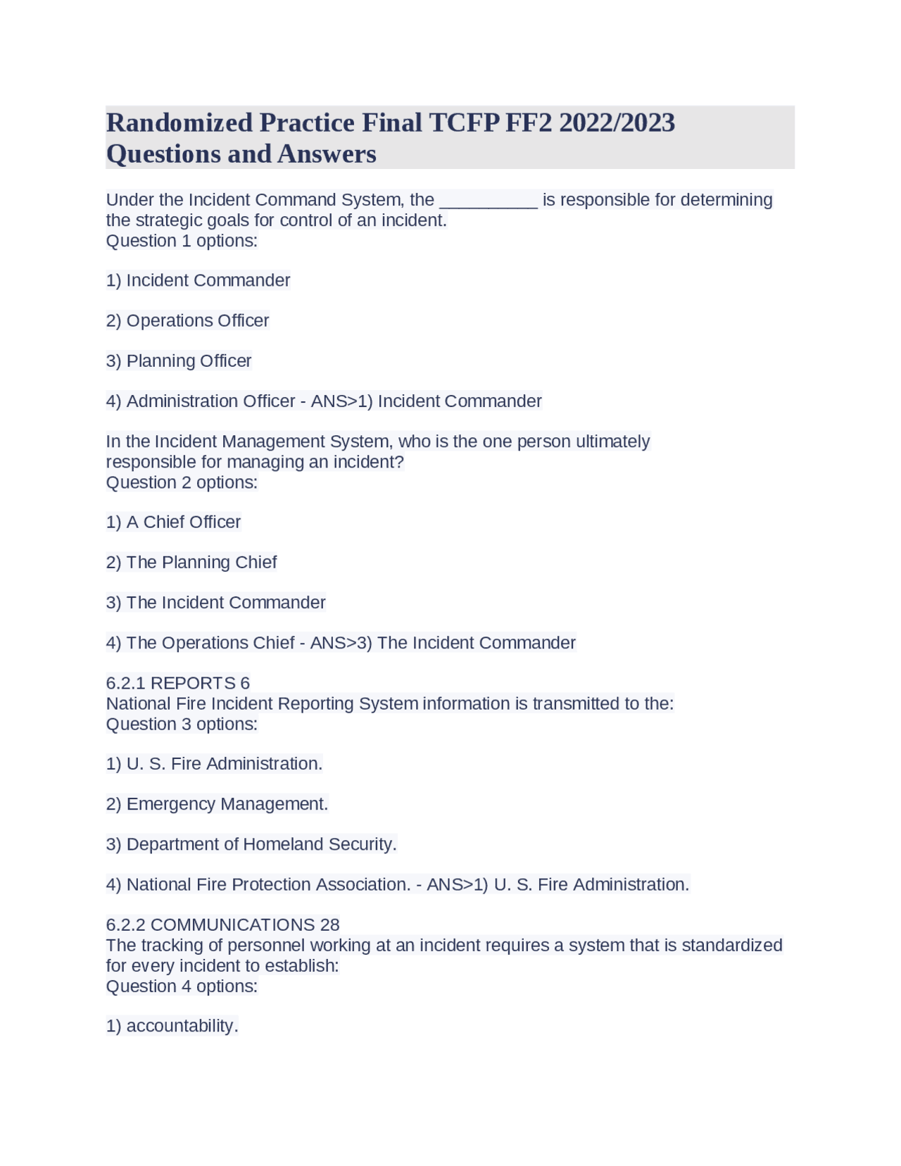 Randomized Practice Final TCFP FF2 2022/2023 Questions and Answers ...