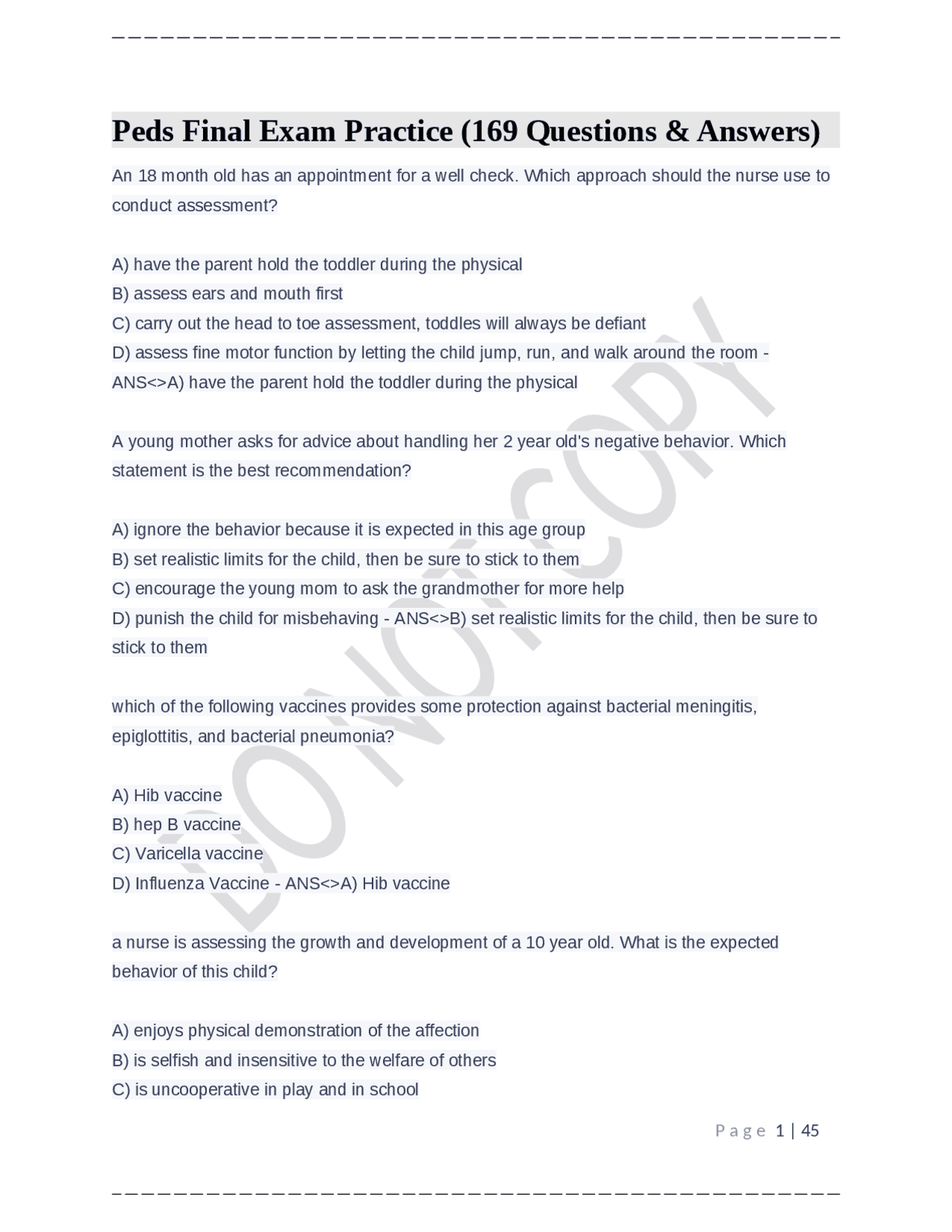 Peds Final Exam Practice 169 Questions And Answers Exams Company