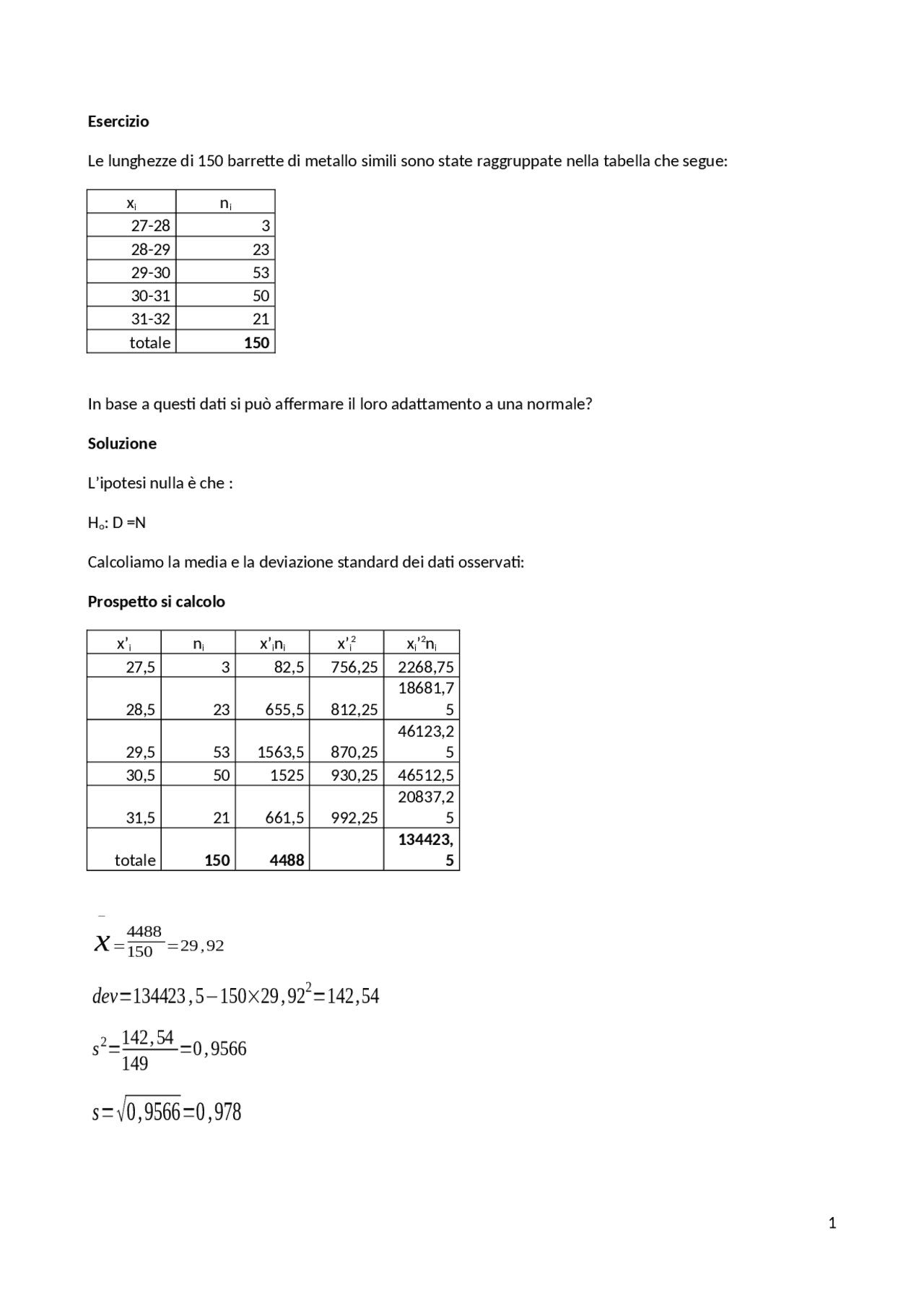Esercizi svolti in classe | Esercizi di Statistica | Docsity