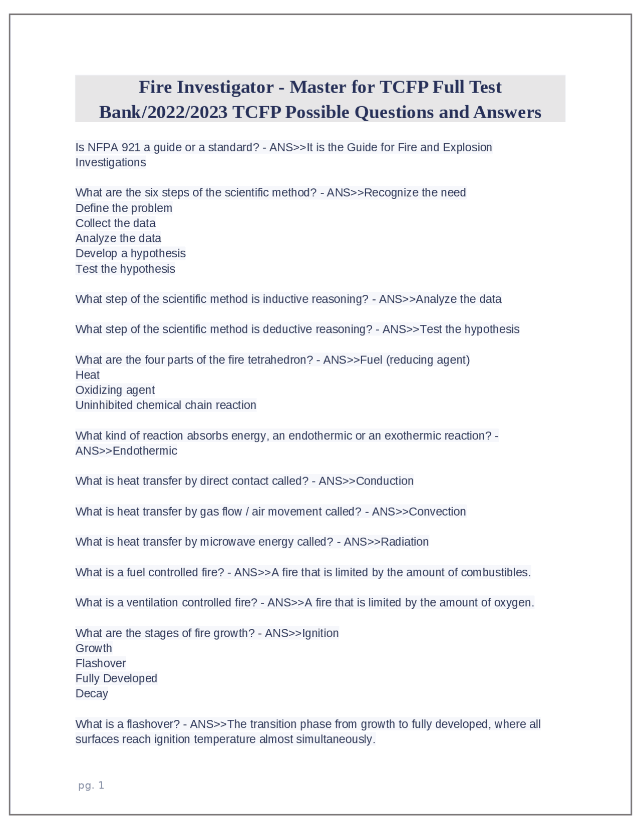 Fire Investigator - Master for TCFP Full Test Bank/2022/2023 TCFP ...