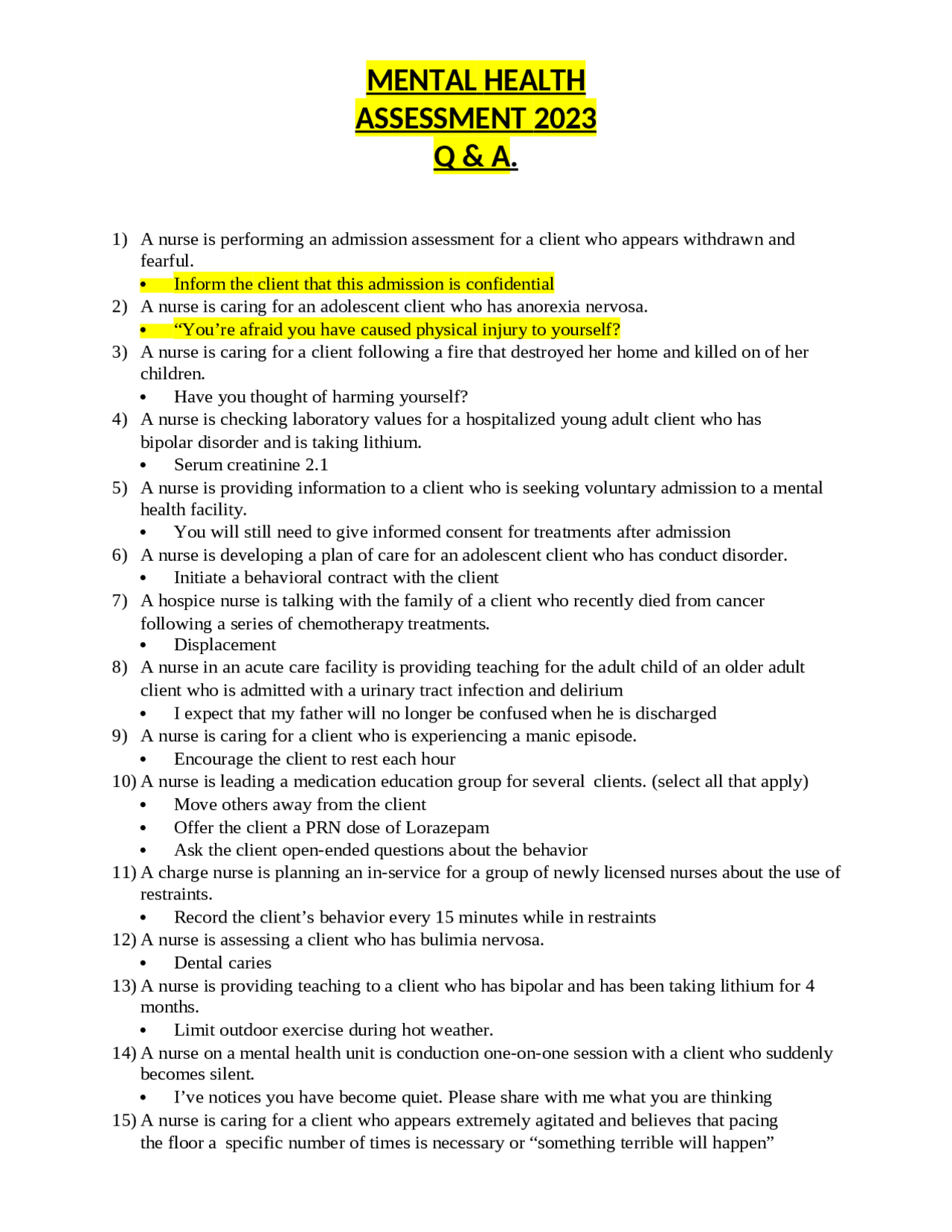 MENTAL HEALTH ASSESSMENT 2023 Q & A. | Exams Nursing | Docsity