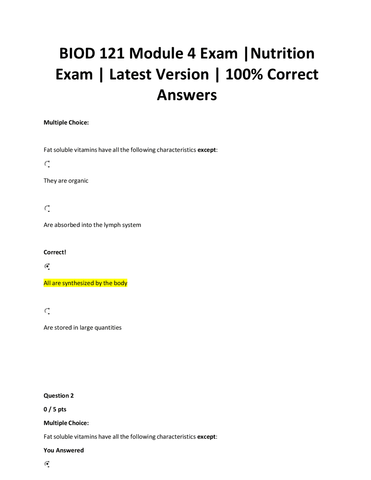 BIOD 121 Module 4 Exam |Nutrition Exam | Latest Version | 100% Correct ...