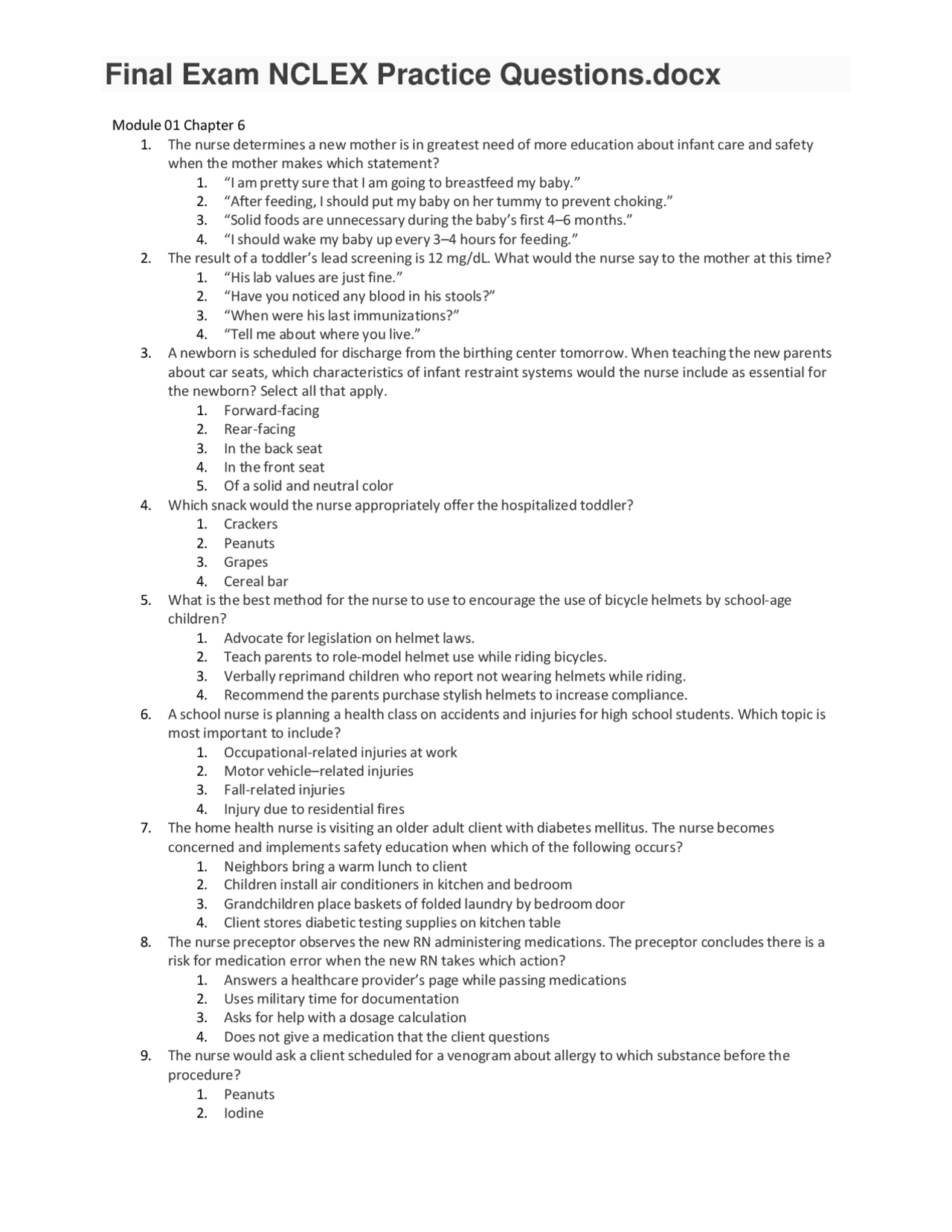 Final Exam NCLEX Practice Questions.docx Module 01 Chapter 6 1. The ...