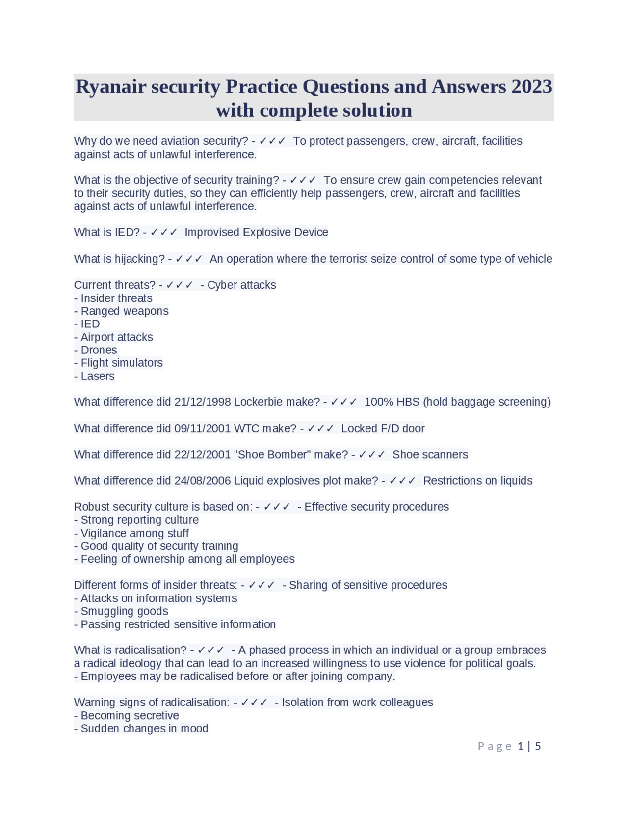 Ryanair security Practice Questions and Answers 2023 with complete solution | Exams Security ...