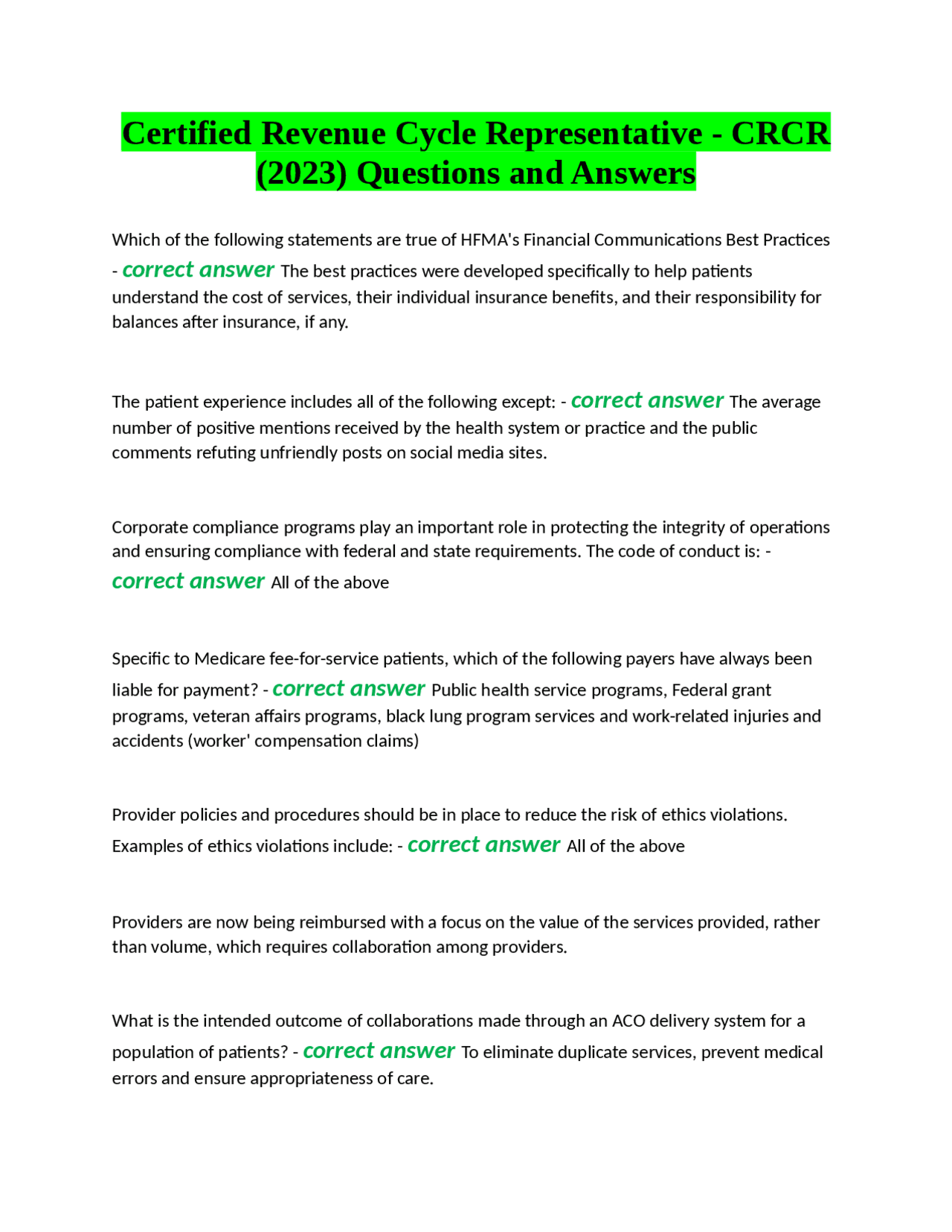 Certified Revenue Cycle Representative - CRCR (2023) Questions and Answers | Exams Music and ...