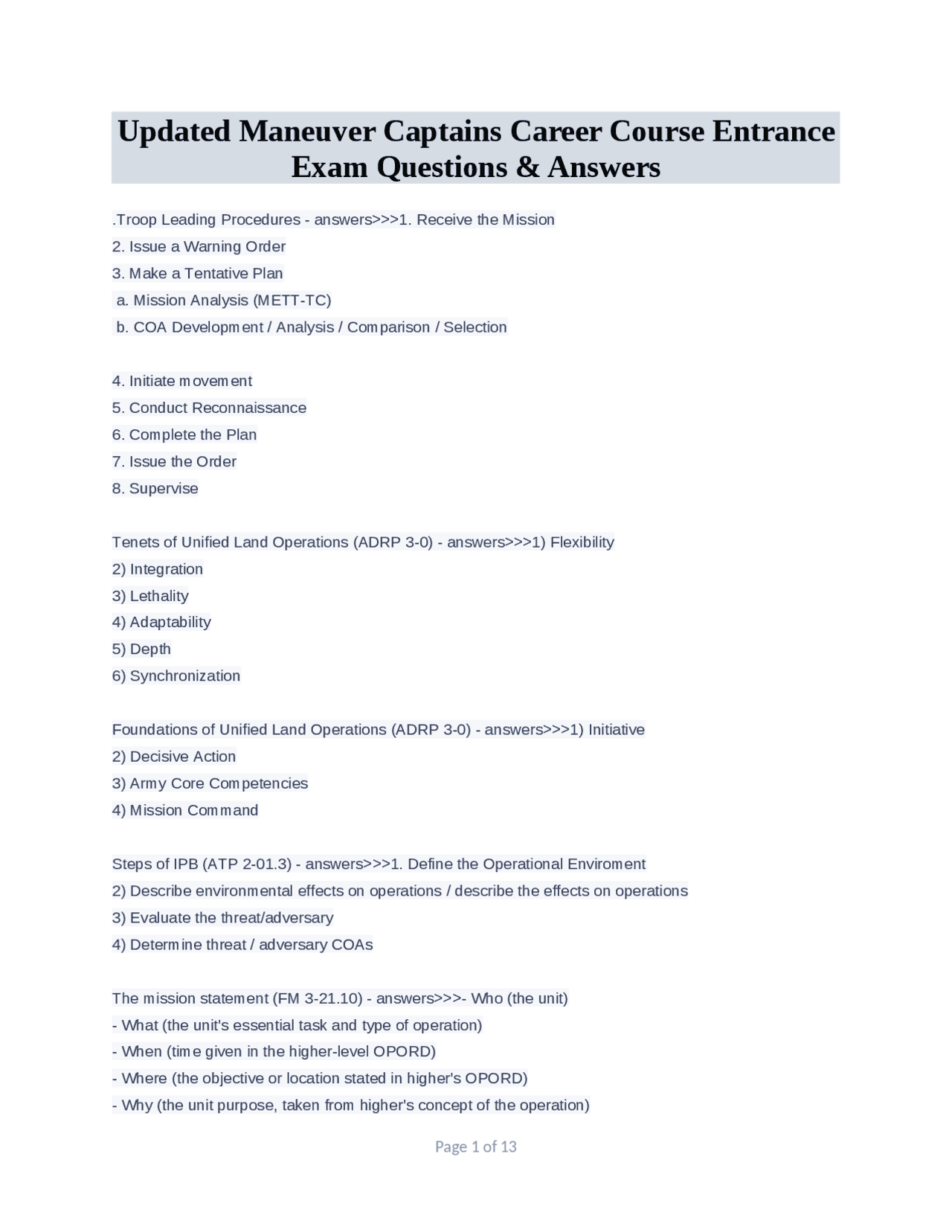 Updated Maneuver Captains Career Course Entrance Exam Questions ...