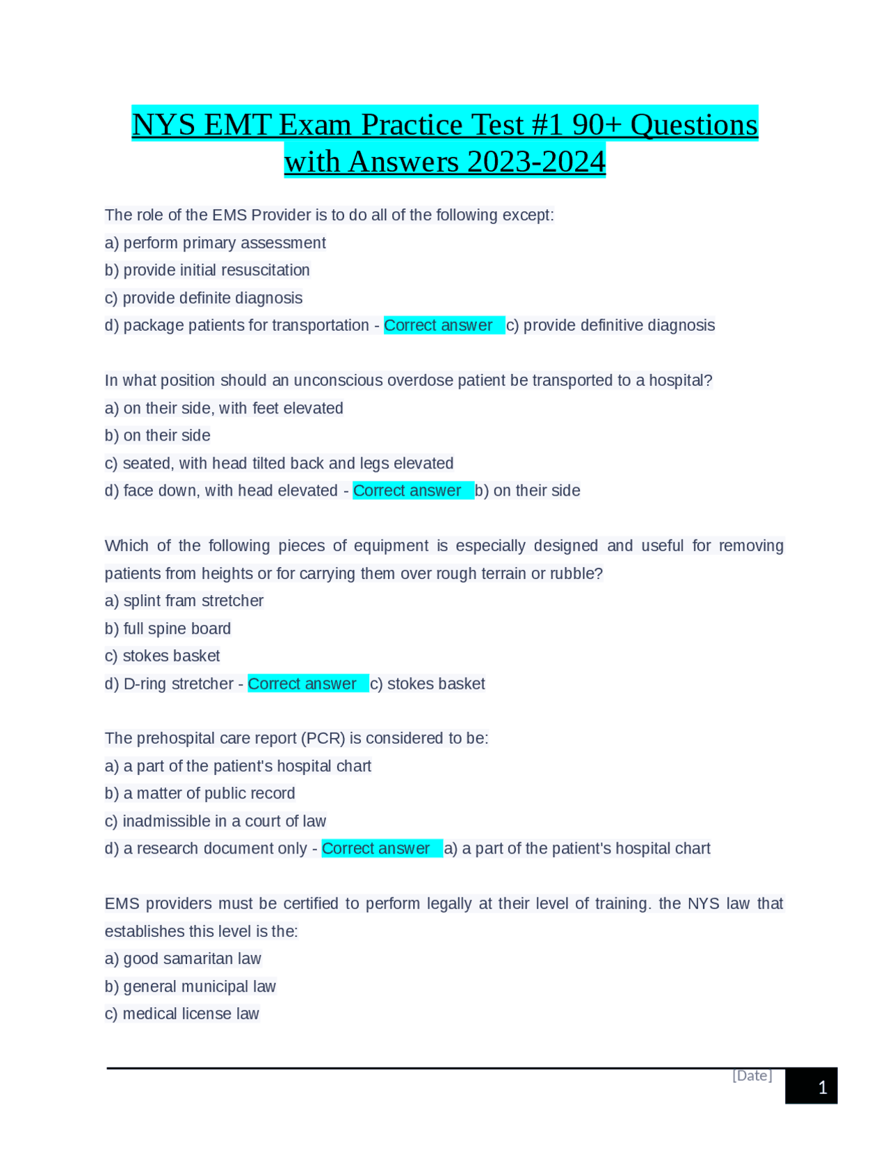NYS EMT Exam Practice Test #1 90+ Questions with Answers 2023-2024 ...