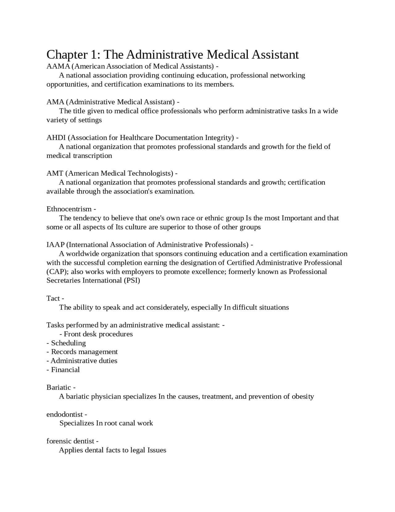Chapter 1 The Administrative Medical Assistant Exams Medicine Docsity