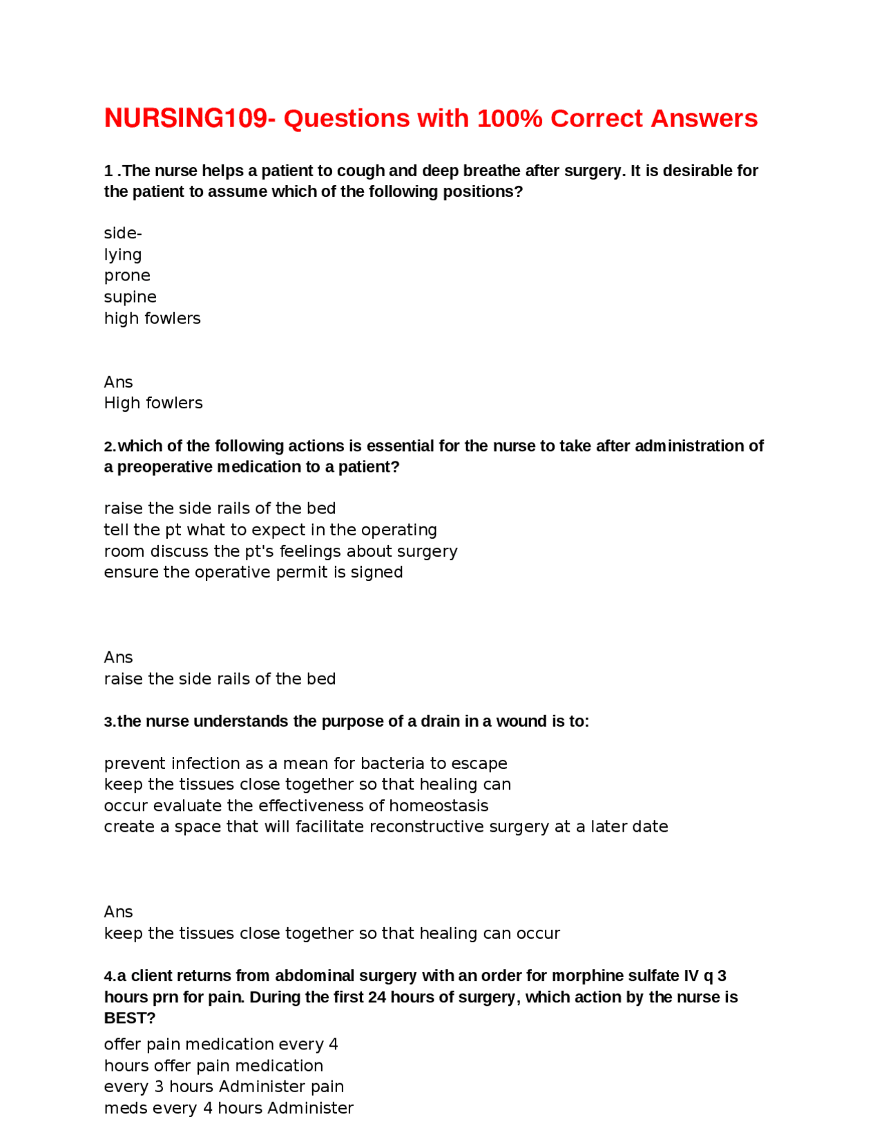 Nursing109 Questions And Answers Exams Nursing Docsity