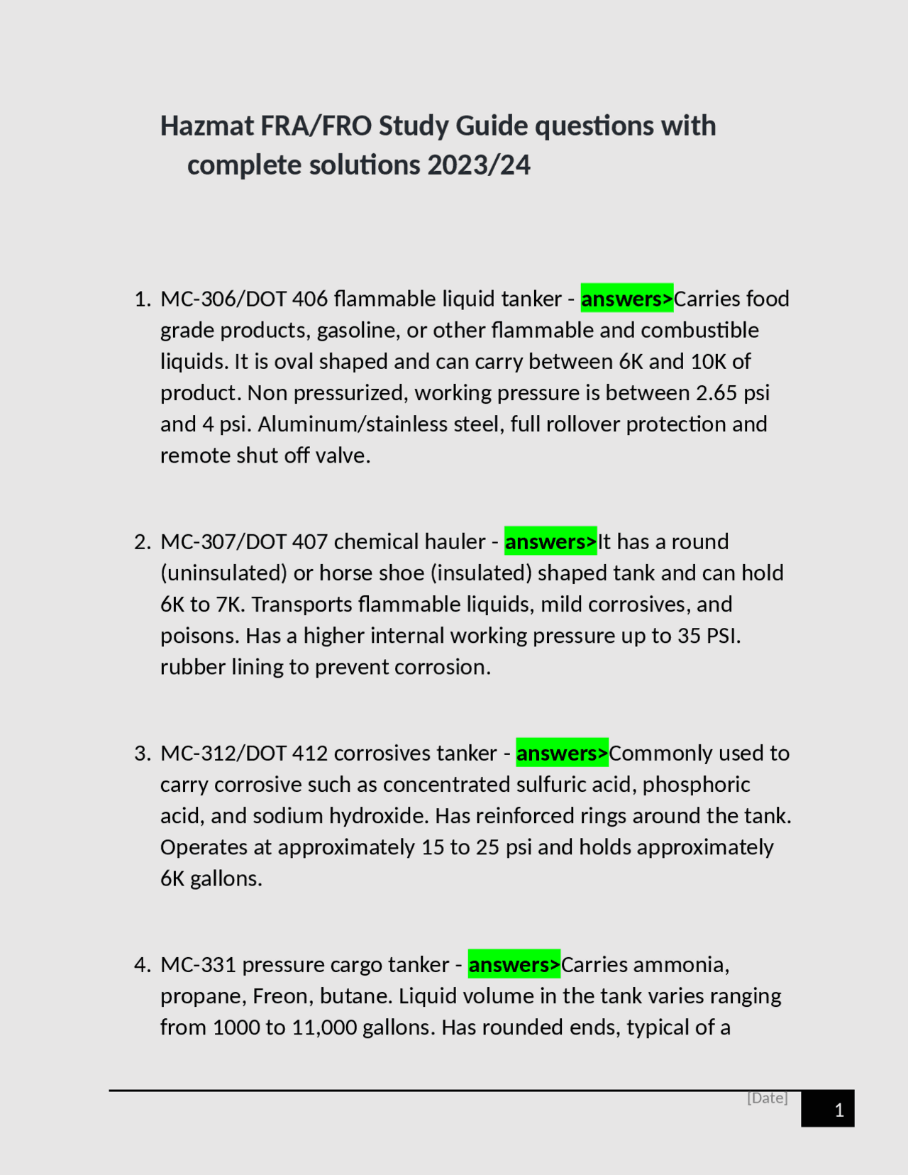 Hazmat FRA/FRO Study Guide questions with complete solutions 2023/24 | Exams Nursing | Docsity