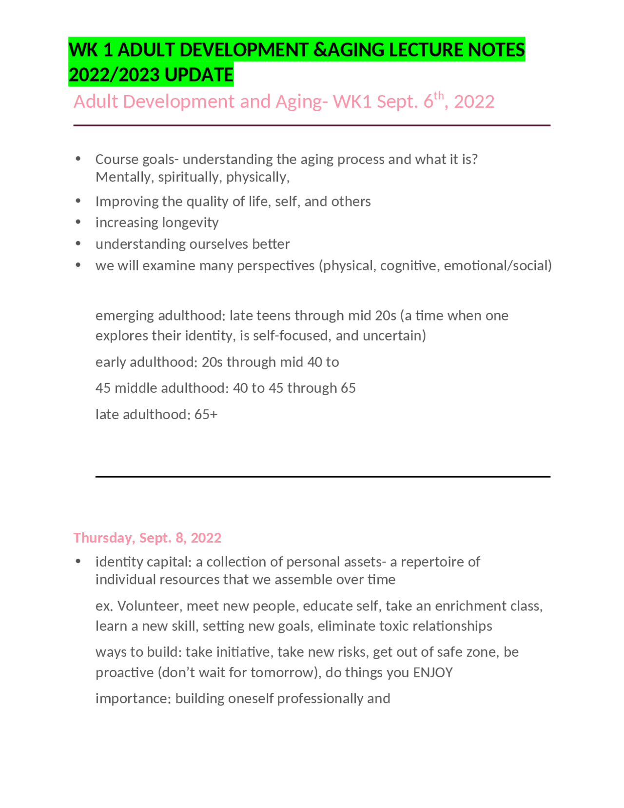 Wk 1 Adult Development Andaging Lecture Notes 20222023 Update Exams