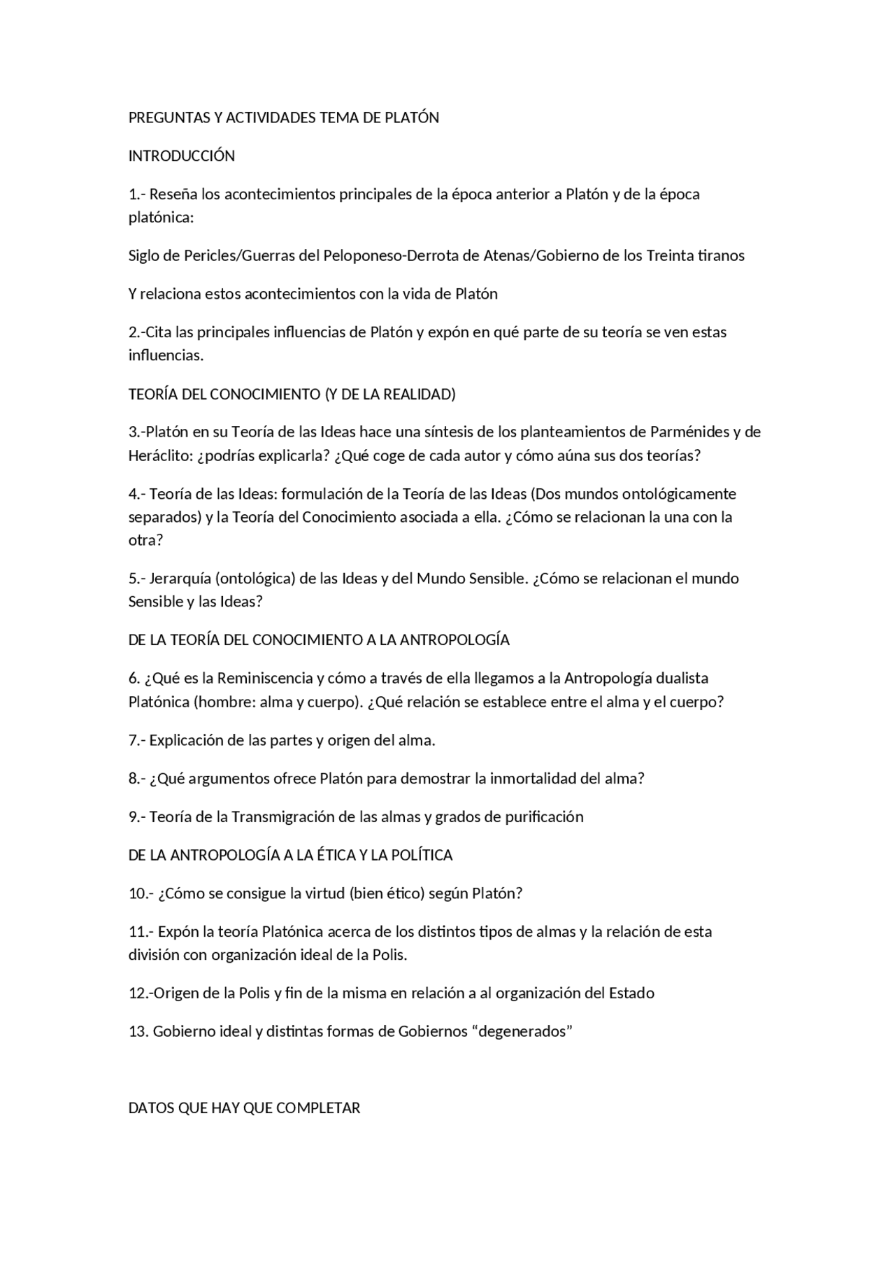 Ejercicios Platón Evau Ejercicios De Historia De La Filosofía Docsity