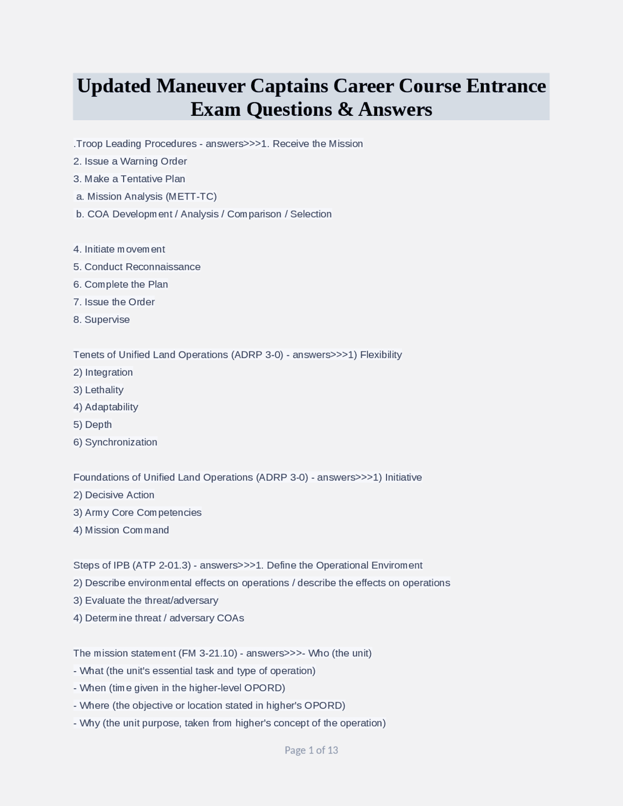 Maneuver Captains Career Course Entrance Exam Questions & Answers ...