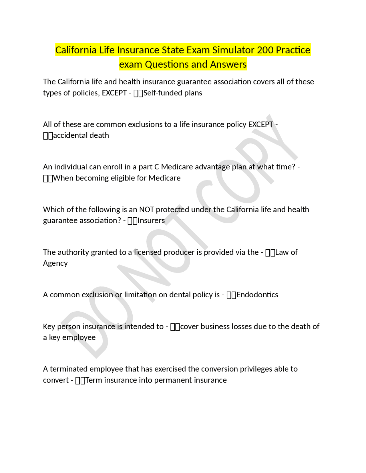 California Life Only State Exam Simulator - 150 questions and Answers ...