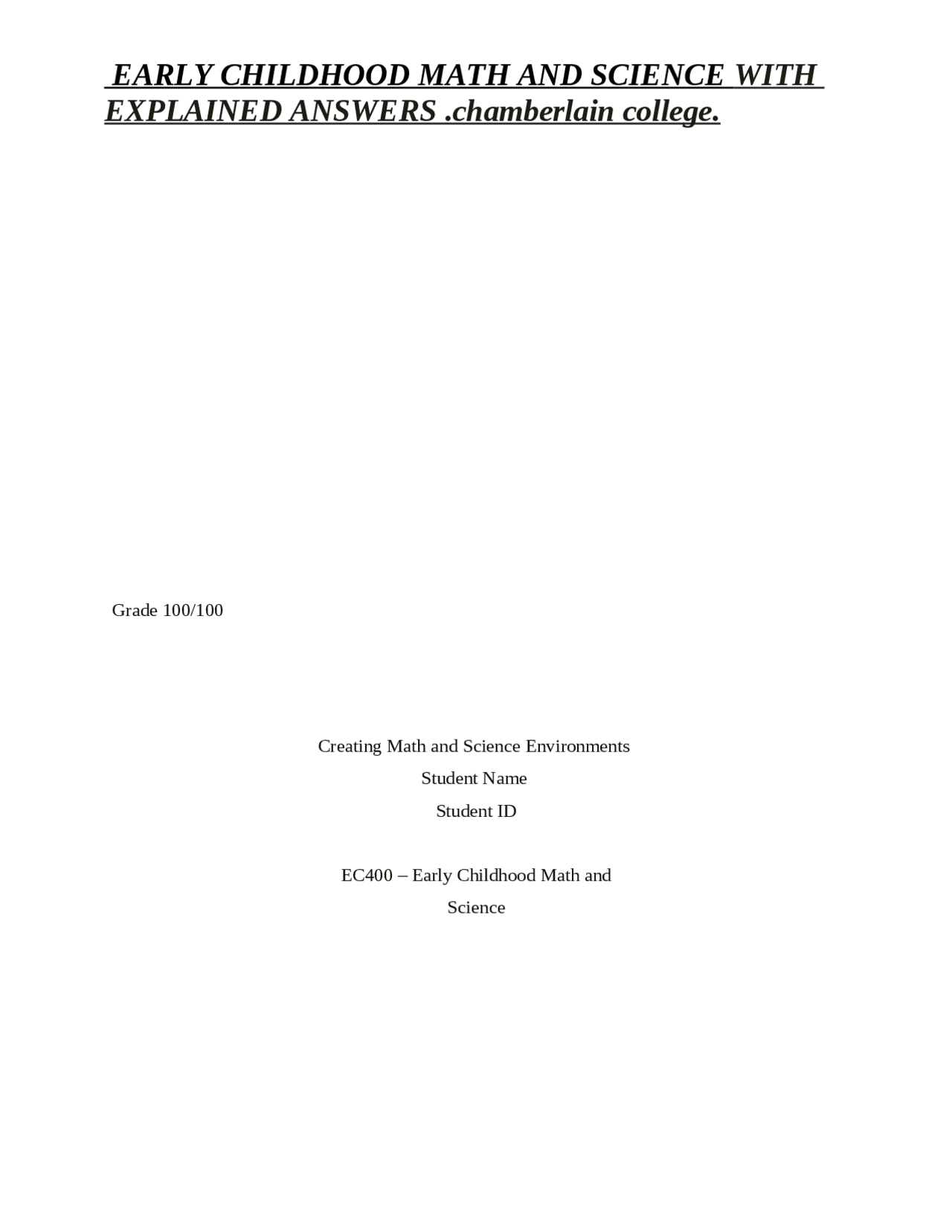 EARLY CHILDHOOD MATH AND SCIENCE WITH EXPLAINED ANSWERS .chamberlain ...