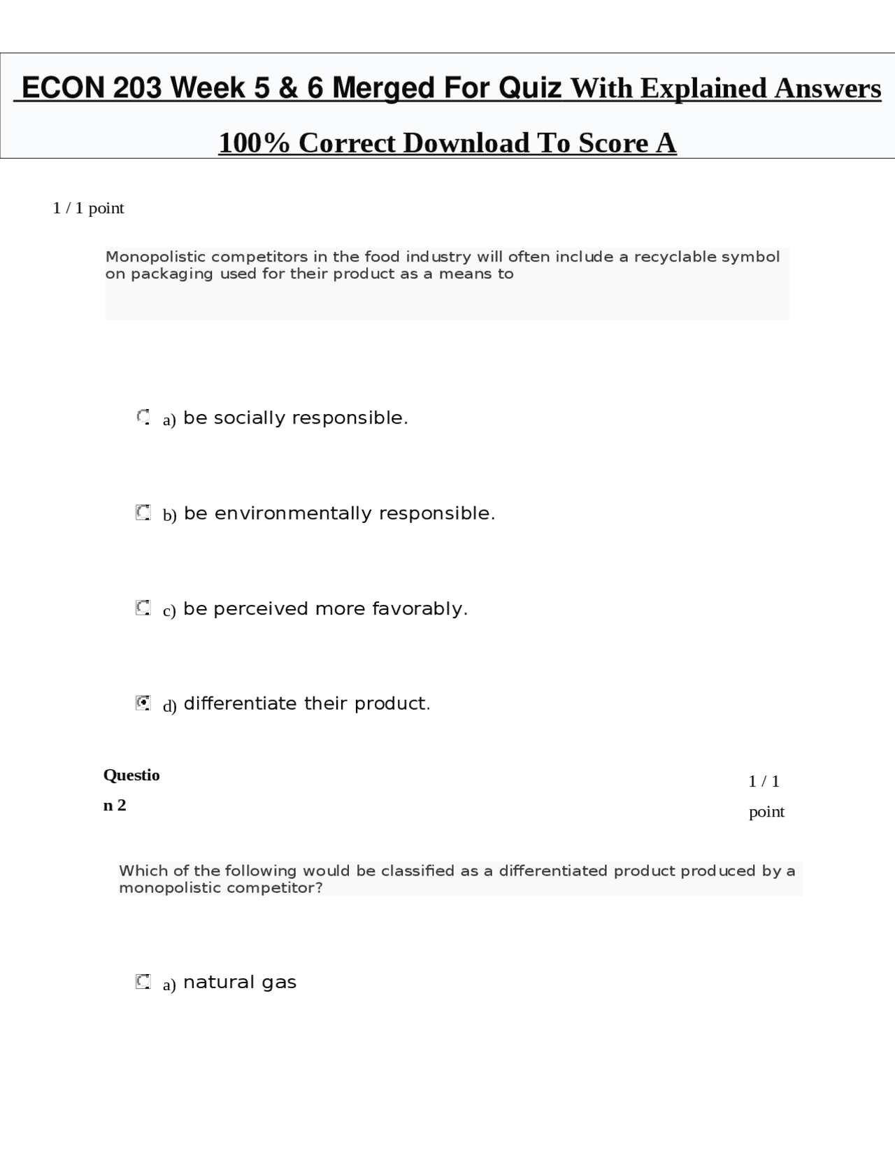 Econ 203 Week 5 And 6 Merged For Quiz With Explained Answers 100 Correct
