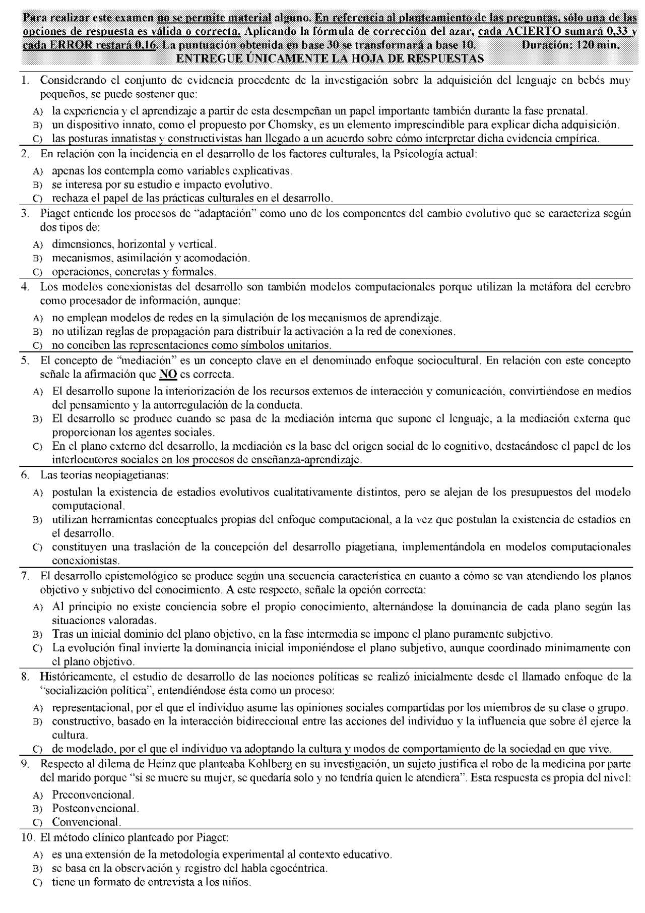 Examen Psicologia Del Desarrollo Ii Febrero 2023 Tipo C Exámenes De