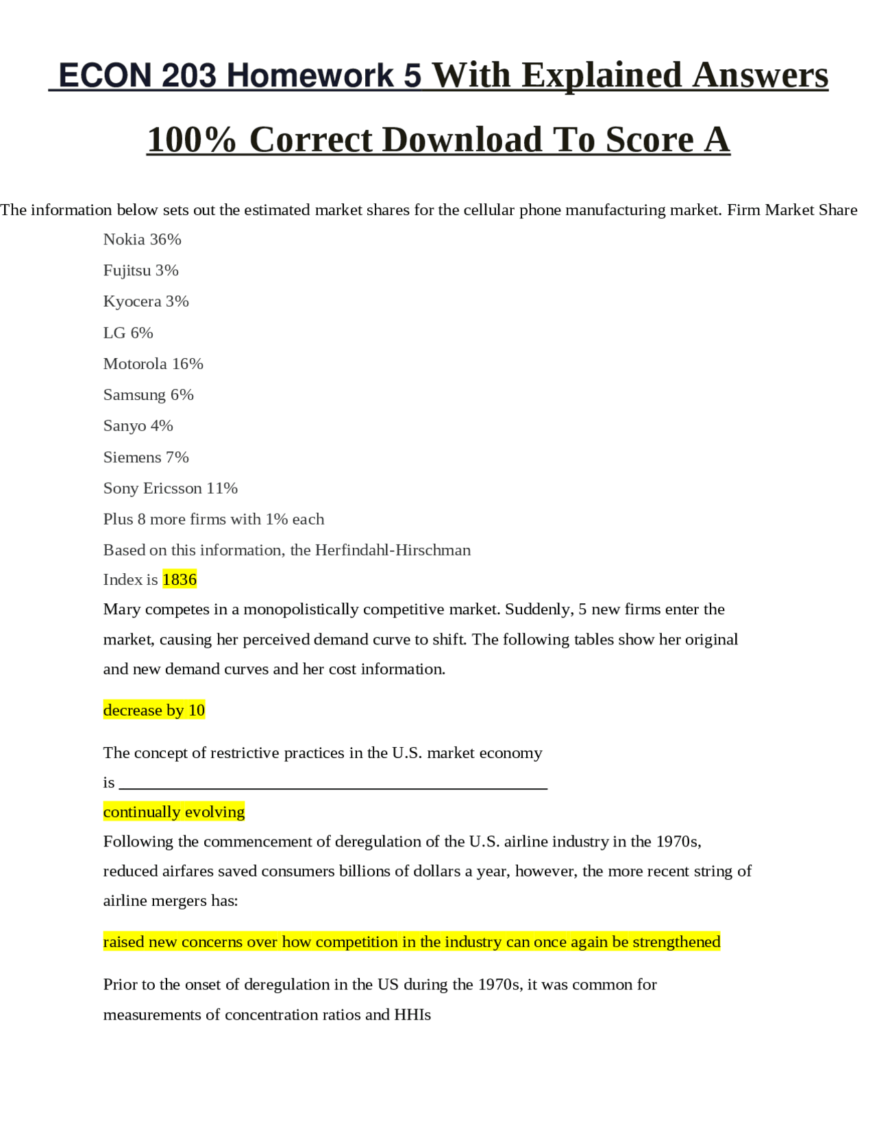 Econ 203 Homework 5 With Explained Answers 100 Correct Download To