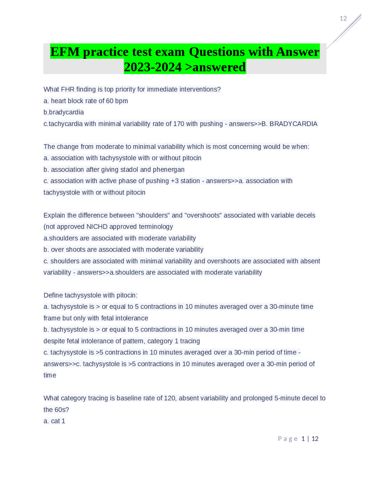 EFM practice test exam Questions with Answer 2023-2024 >answered ...