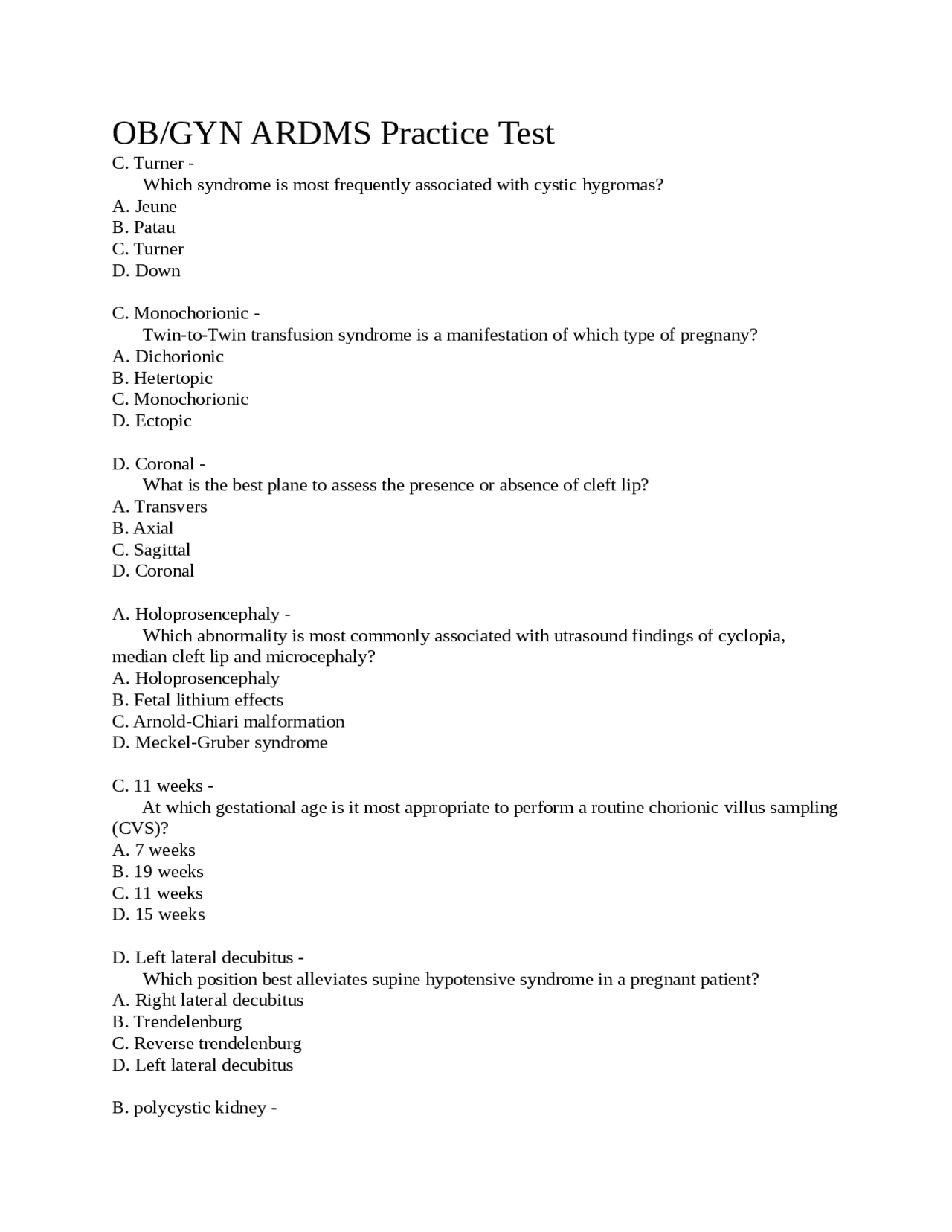 OB/GYN ARDMS Practice Test | Exams Medicine | Docsity