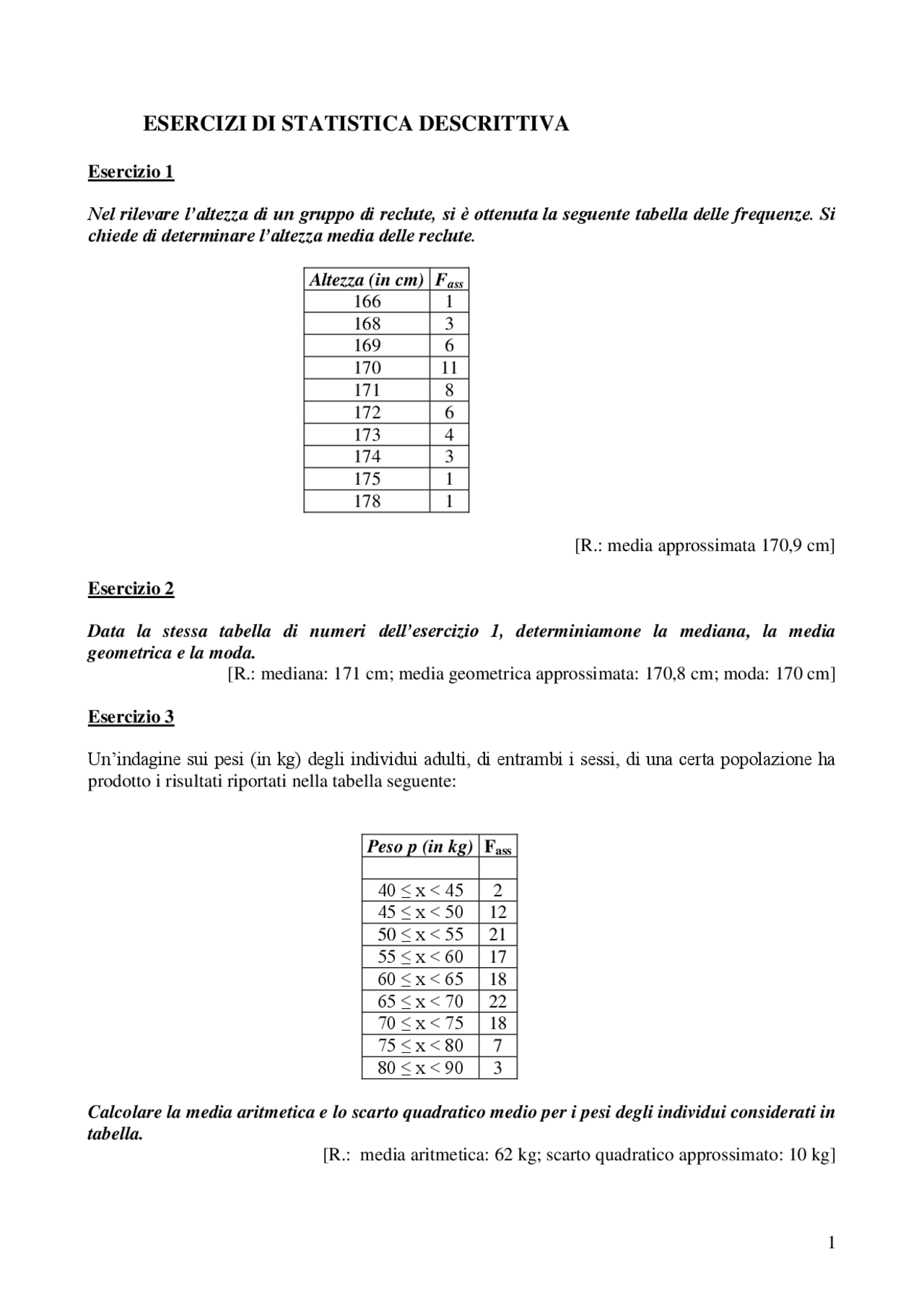 Statistica Descrittiva Esercizi Di Matematica Docsity