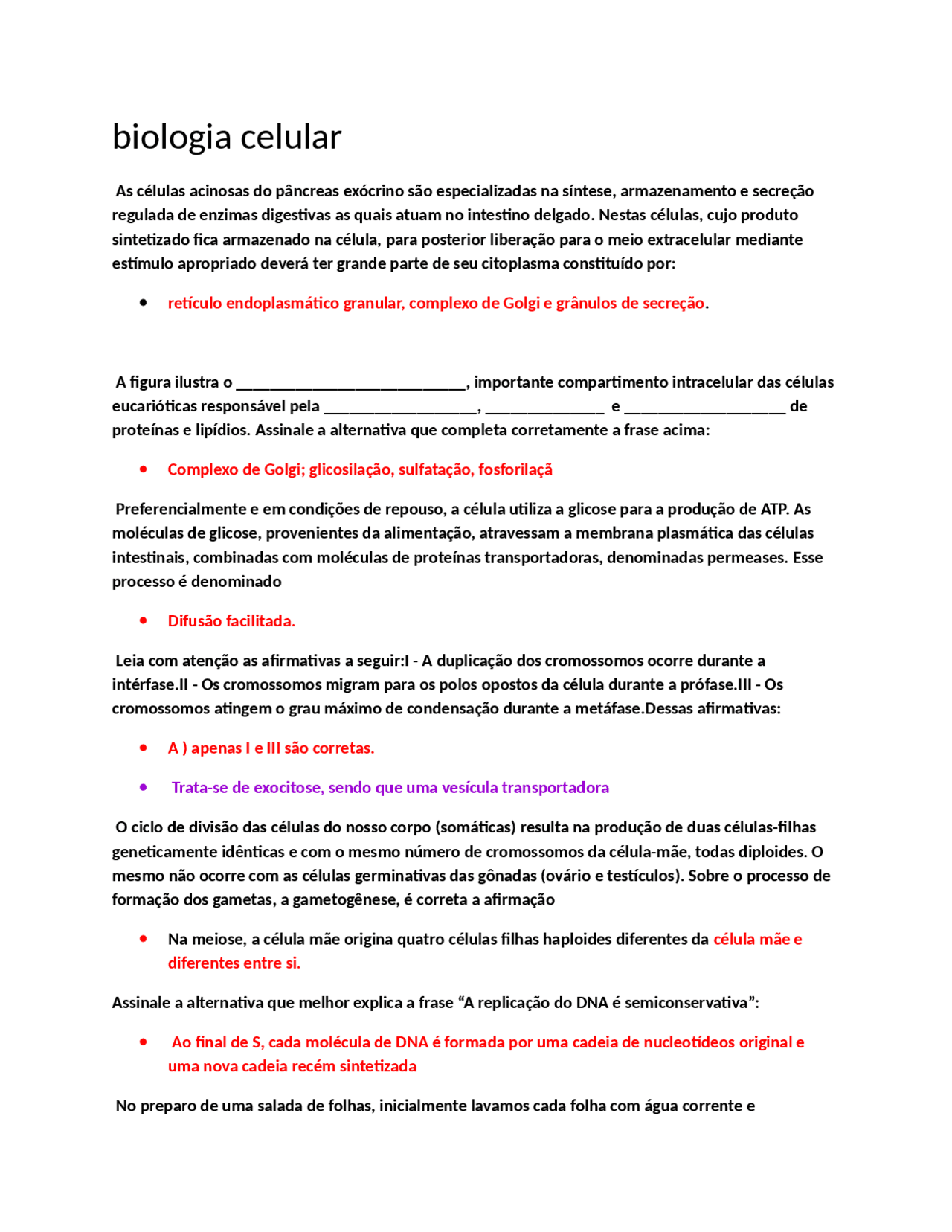 Introduçao A Biologia Celular Provas Biologia Celular Docsity