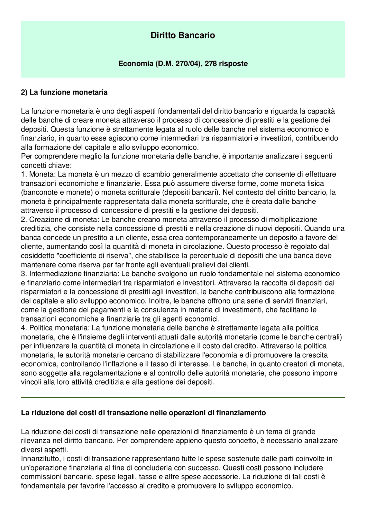 Diritto Bancario - 278 domande aperte con risposta | Panieri di Diritto Bancario | Docsity