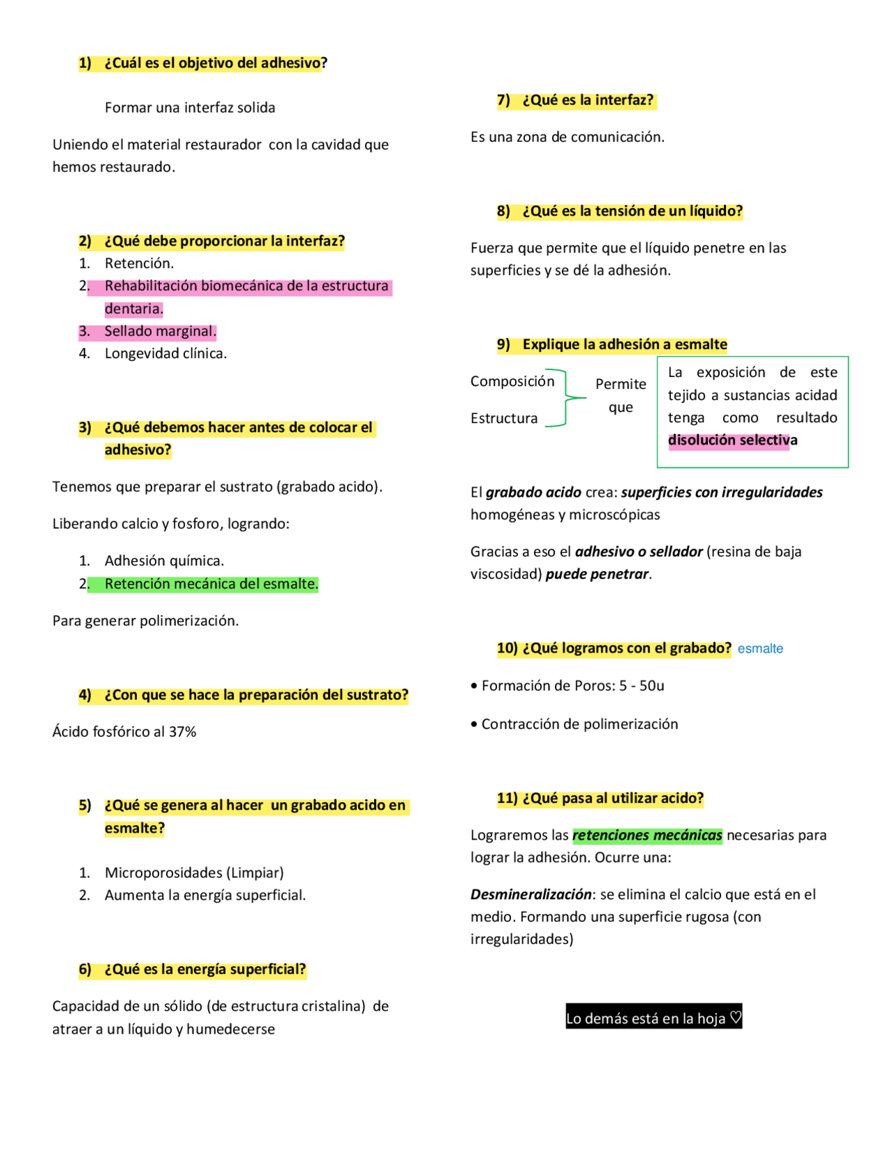 Cuestionario de adhesivos dentales | Exámenes de Odontología | Docsity