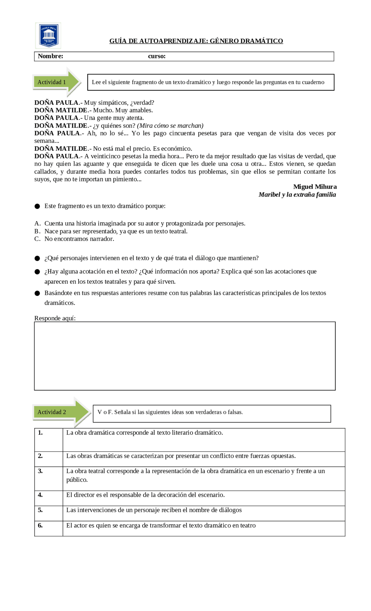 Guía genero dramático | Guías, Proyectos, Investigaciones de Lenguaje y ...