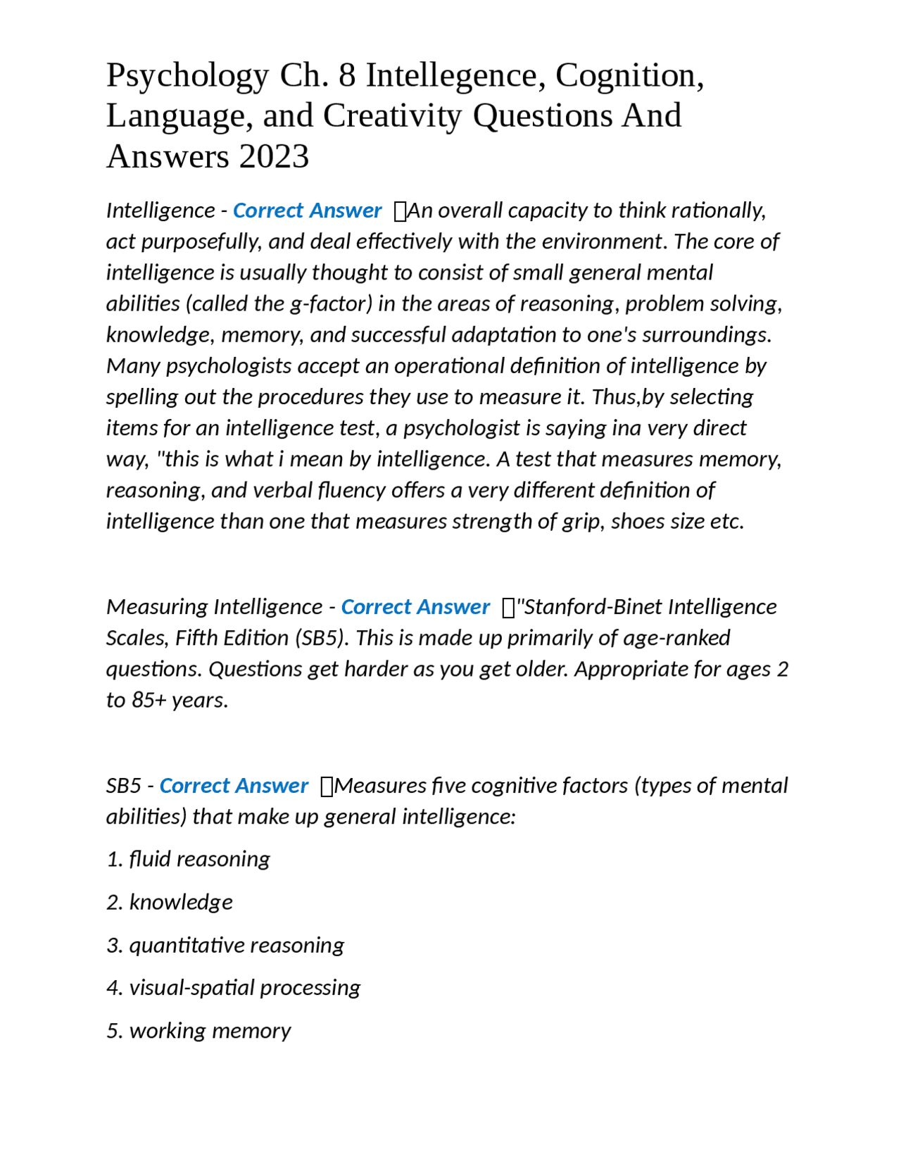 Psychology Ch. 8: Intelligence, Cognition, Language, and Creativity ...