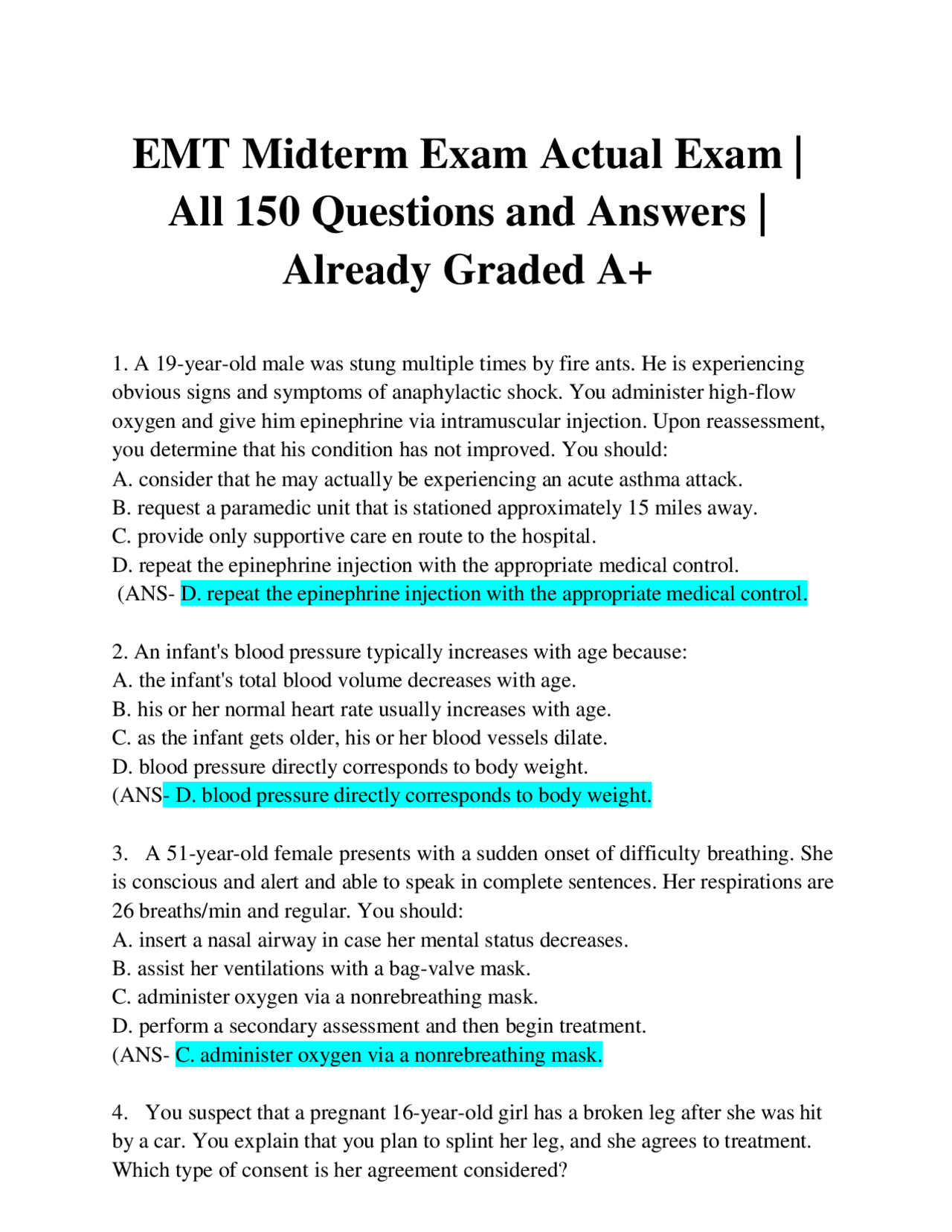 EMT Midterm Exam Actual Exam | All 150 Questions and Answers | Already Graded A+ | Exams Nursing ...