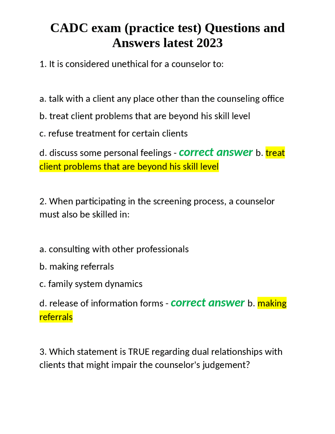 CADC exam (practice test) Questions and Answers latest 2023 | Exams ...