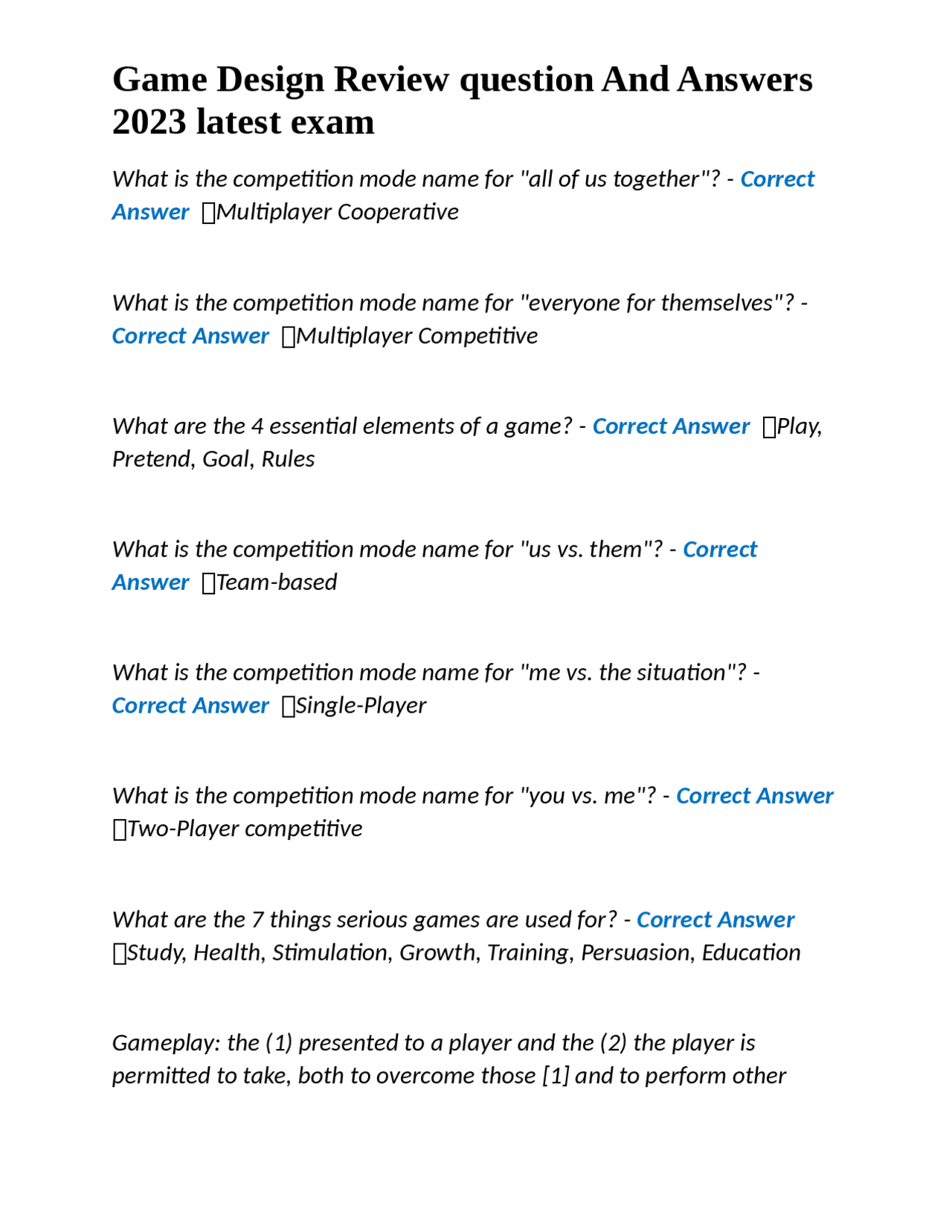 Game Design Review Questions and Answers | Exams Nursing | Docsity