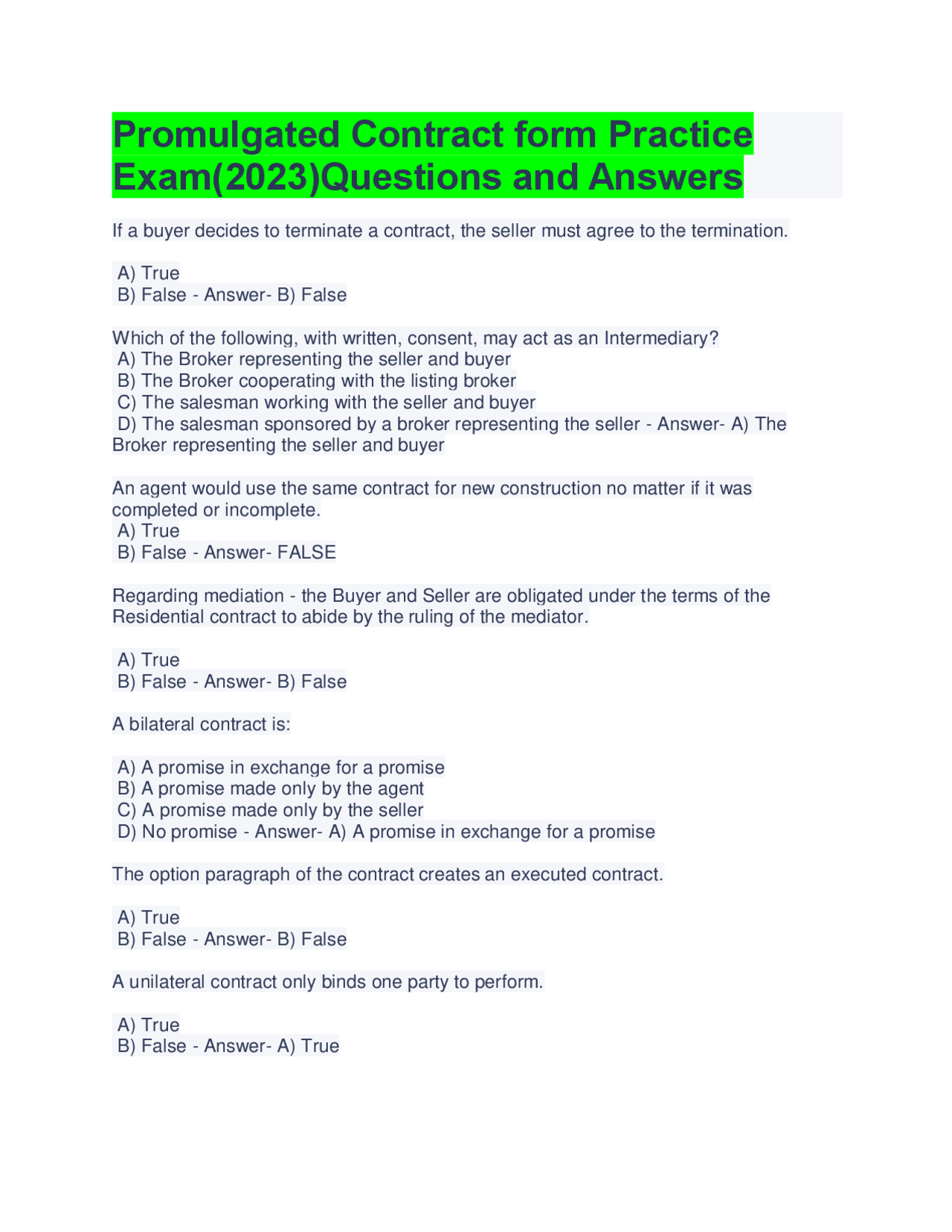 Promulgated Contract form Practice exam(2023)Questions And Answers ...