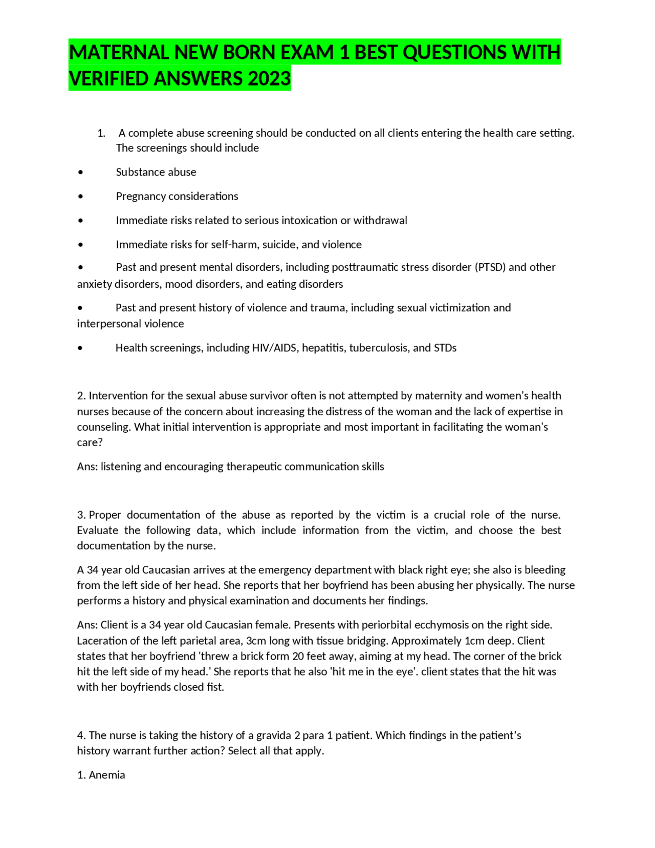 MATERNAL NEW BORN EXAM 1 BEST QUESTIONS WITH VERIFIED ANSWERS 2023 ...