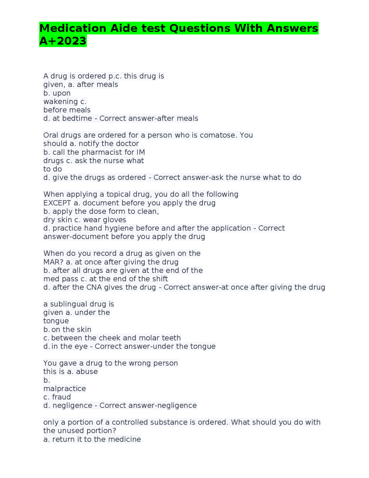 Medication Aide Test Questions With Answers A2023 Exams Nursing