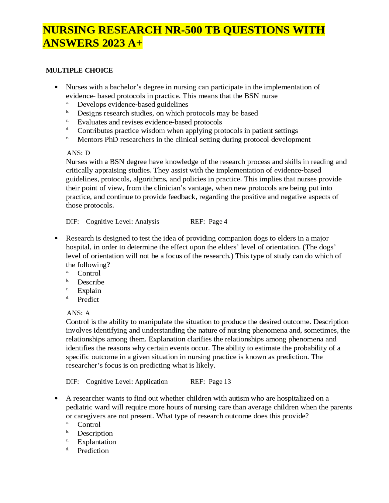 Nursing Research NR-500 TB Questions with Answers 2023 A+ Multiple ...