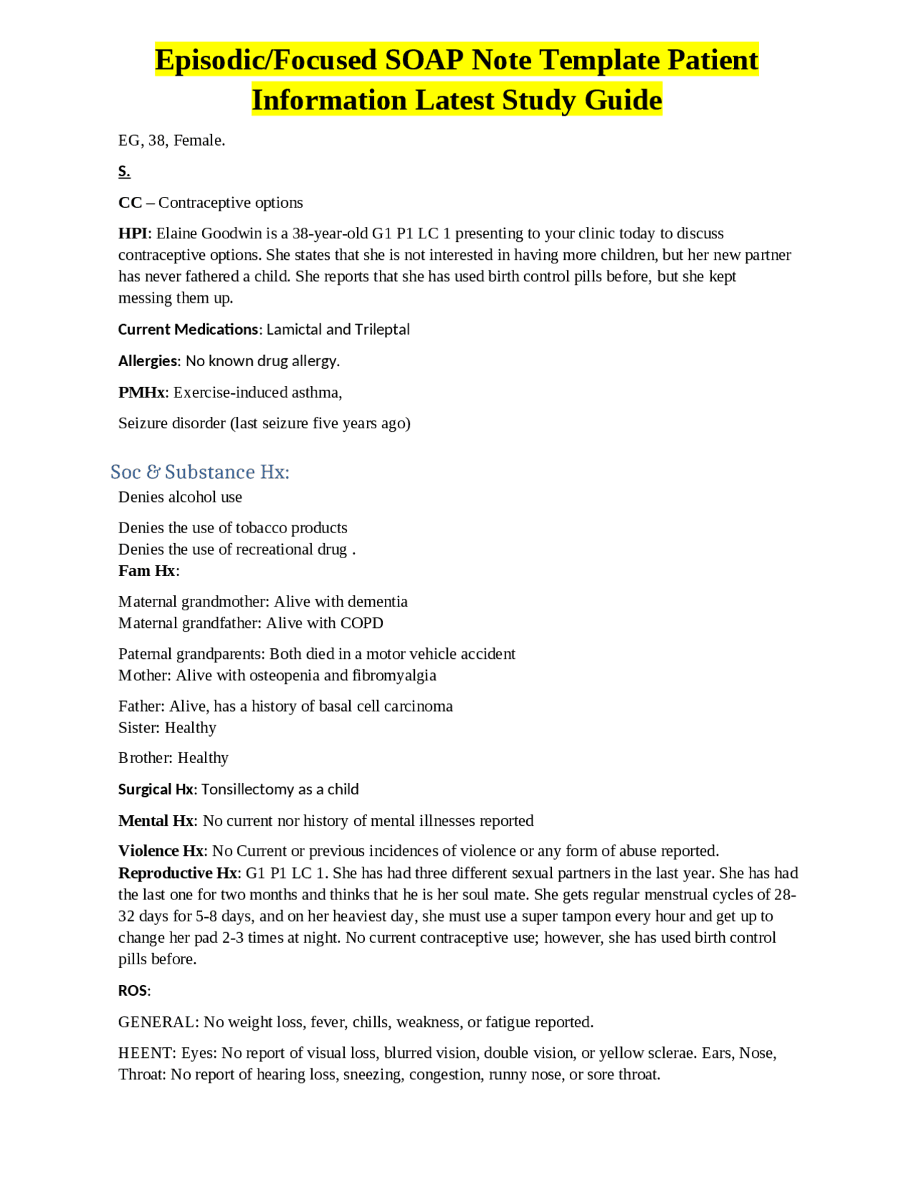 Episodic/Focused SOAP Note Template Patient Information Latest Study ...