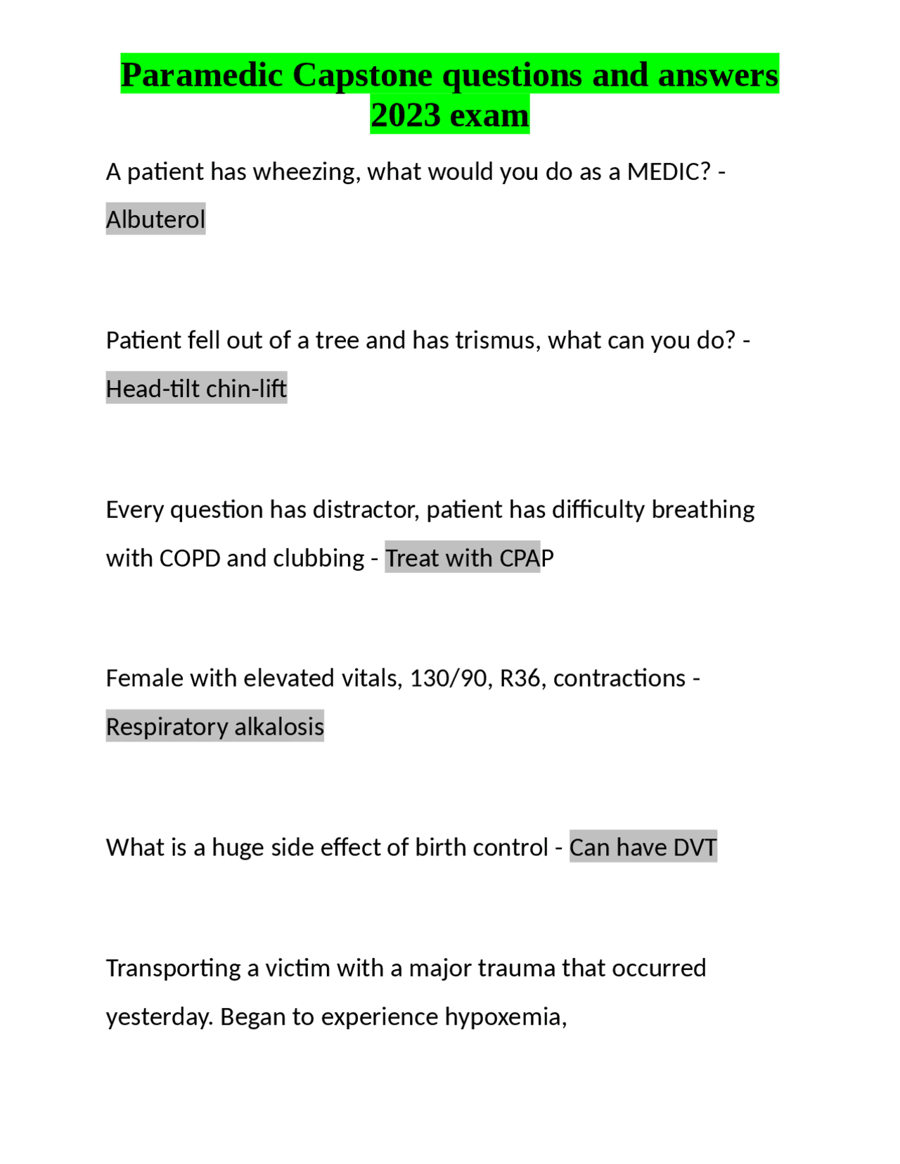 Paramedic Capstone questions and answers 2023 exam | Exams Nursing ...