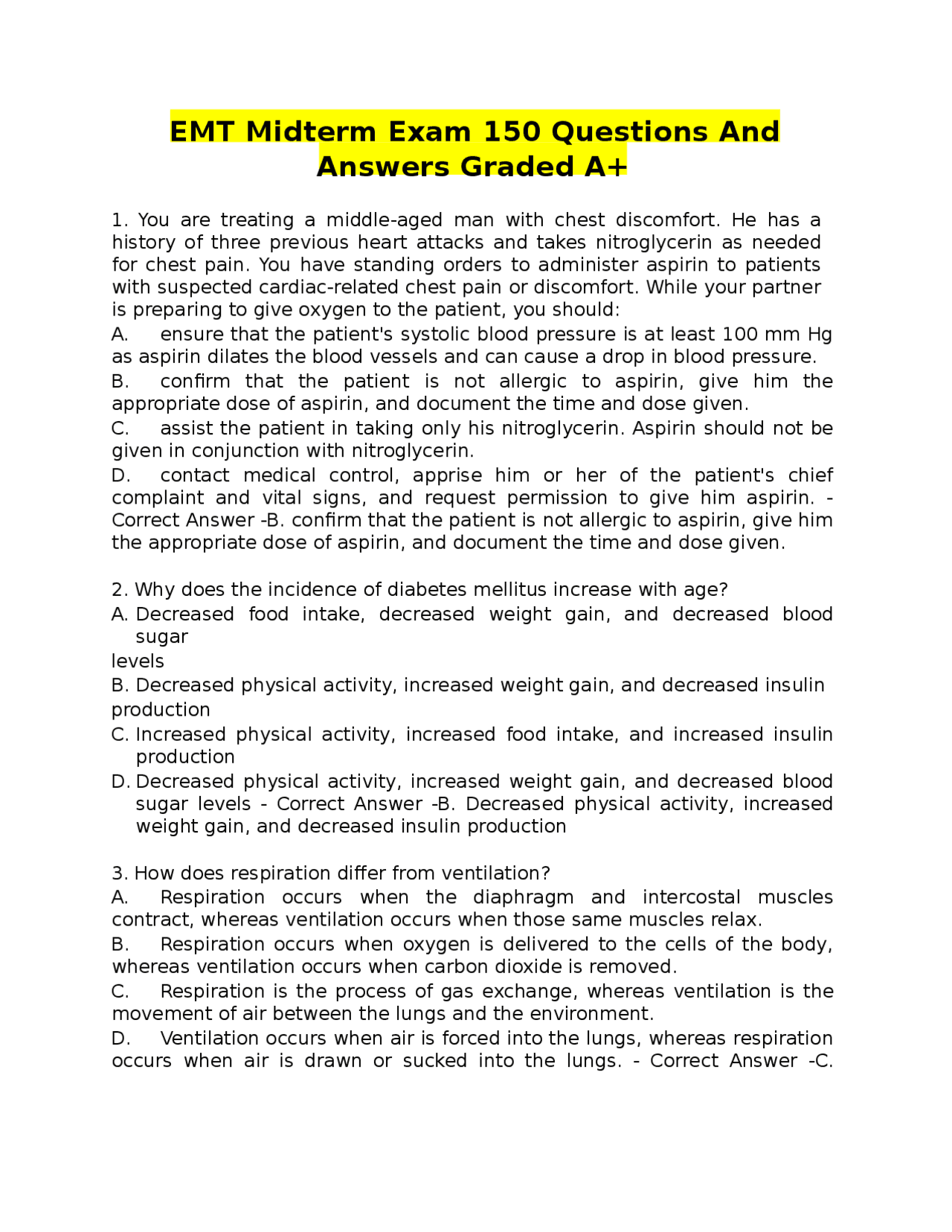EMT Midterm Exam 150 Questions And Answers Graded A+ 2023-2024 | Exams Nursing | Docsity