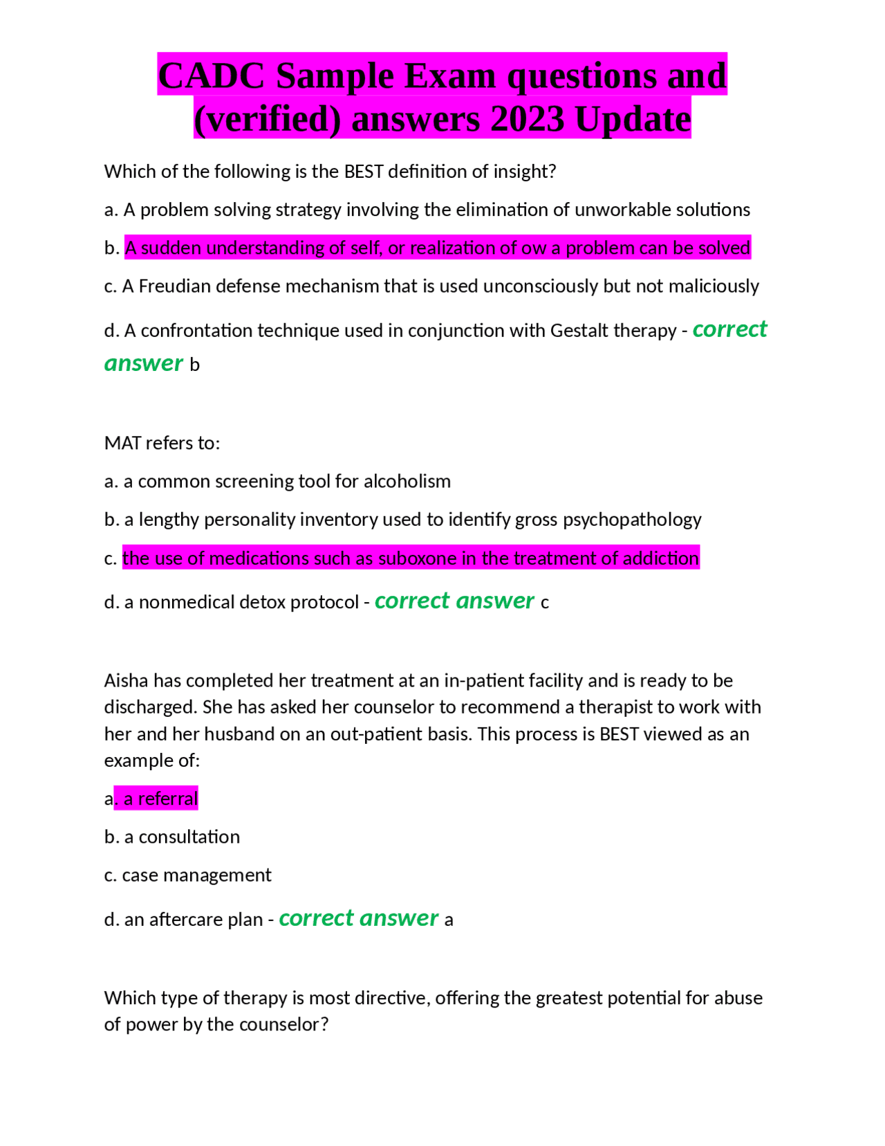 Cadc Sample Exam Questions And Verified Answers 2023 Exams Nursing