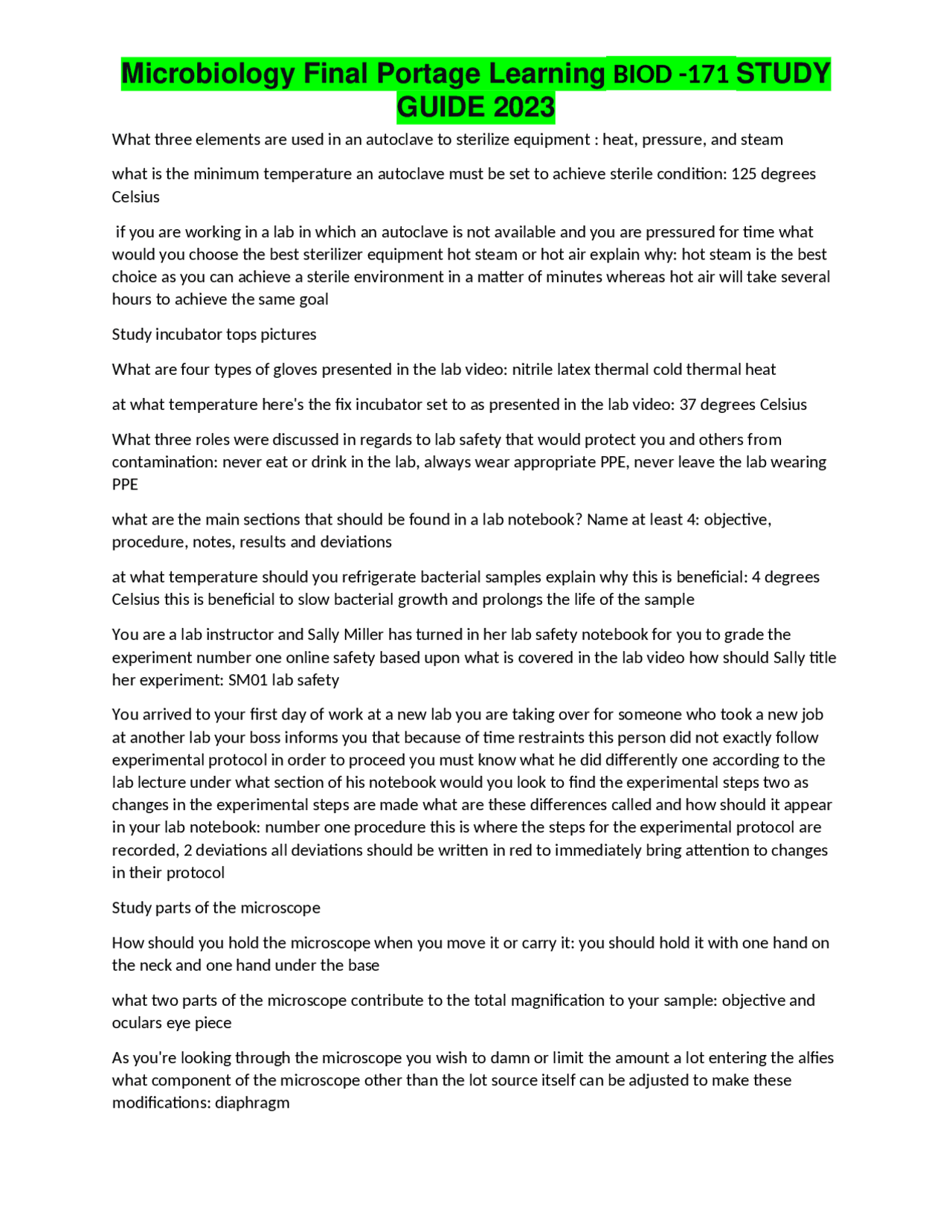 Microbiology Final Portage Learning BIOD -171 STUDY GUIDE 2023 | Exams ...