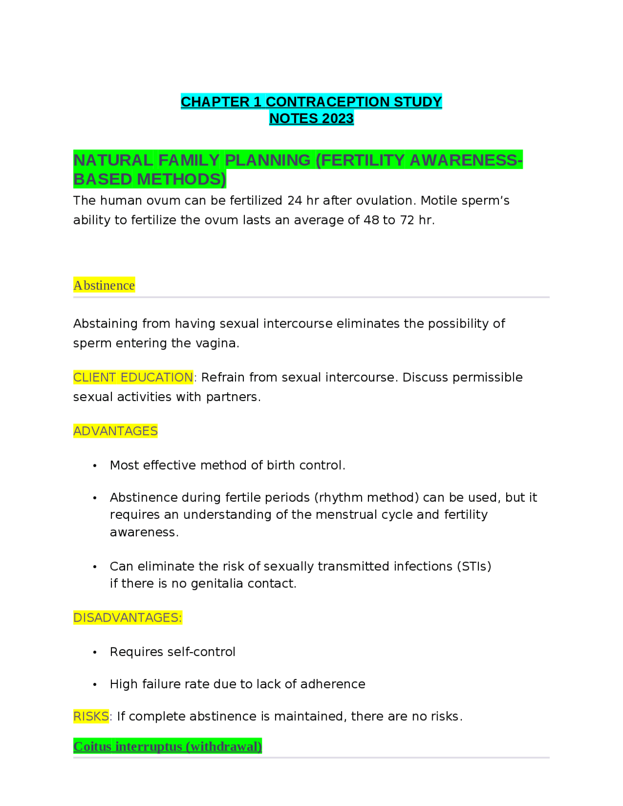 CHAPTER 1 CONTRACEPTION STUDY NOTES 2023 | Exams Nursing | Docsity